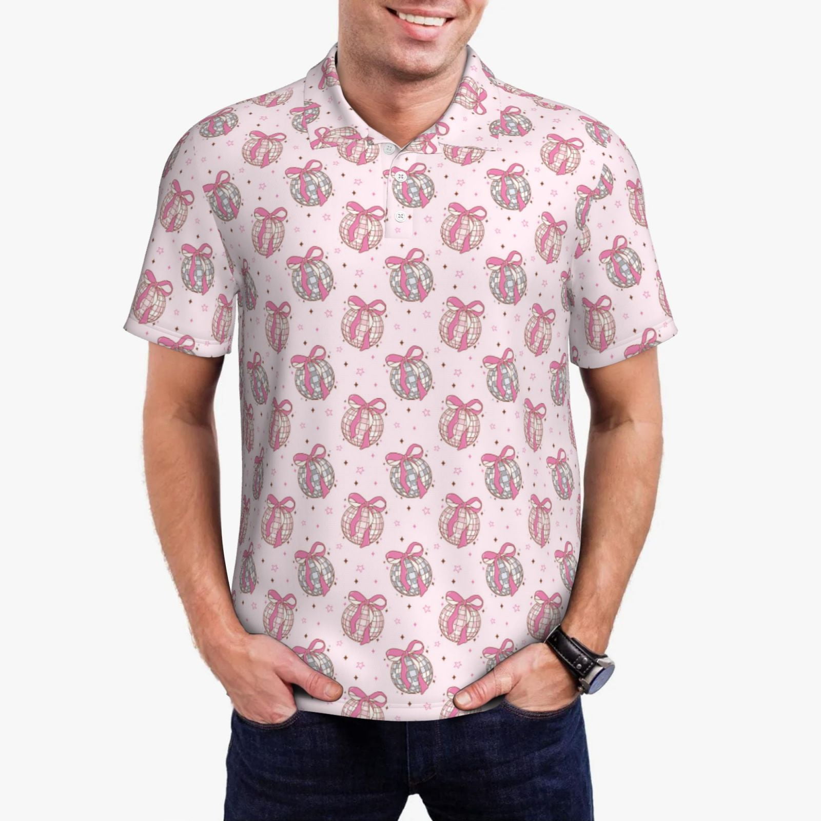 Adobk Pink Disco Ball Print Men’s Classic Polo Shirt Short Sleeve ...