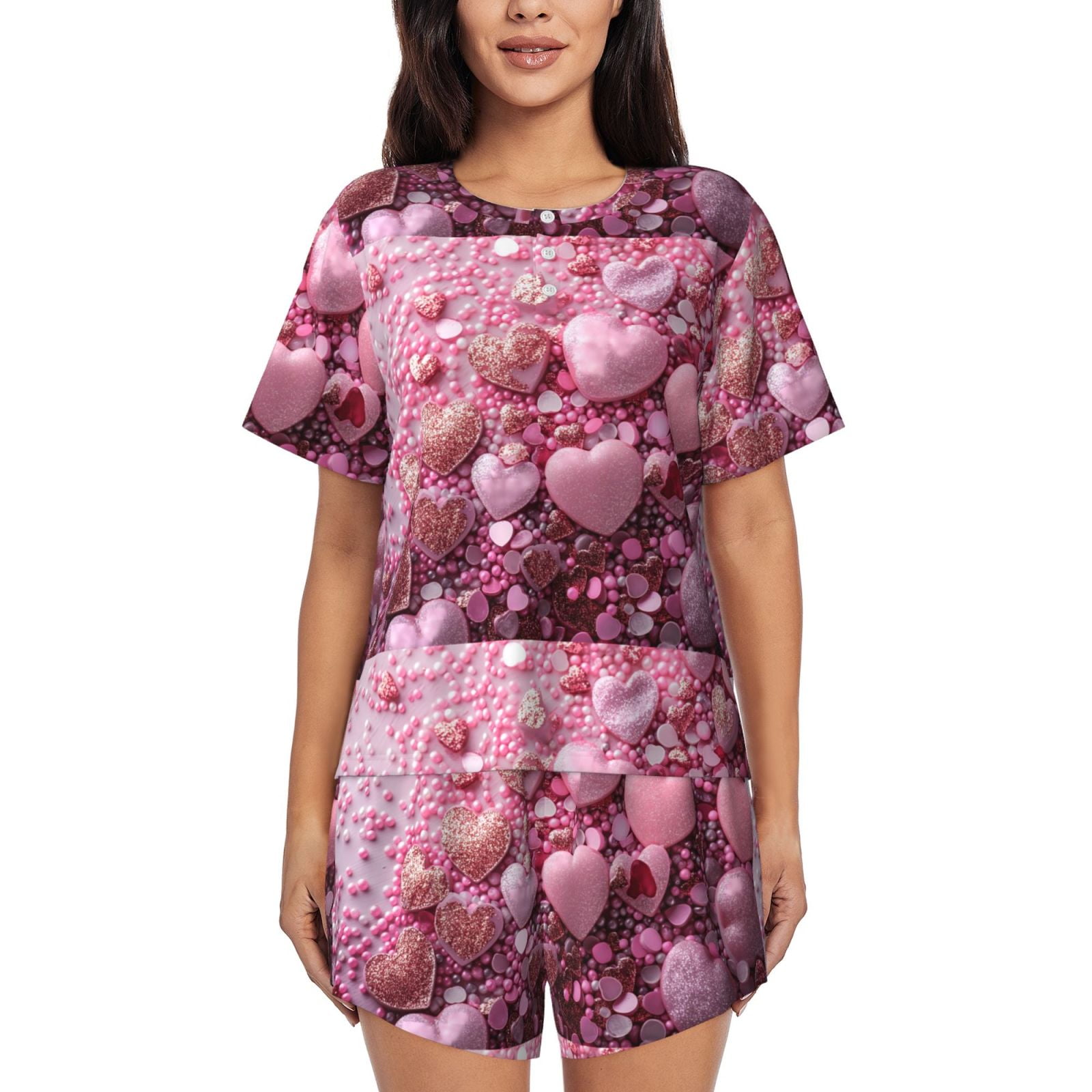 Adobk Pink Glitter Heart Candy Print Women Pajamas Sets for Short ...