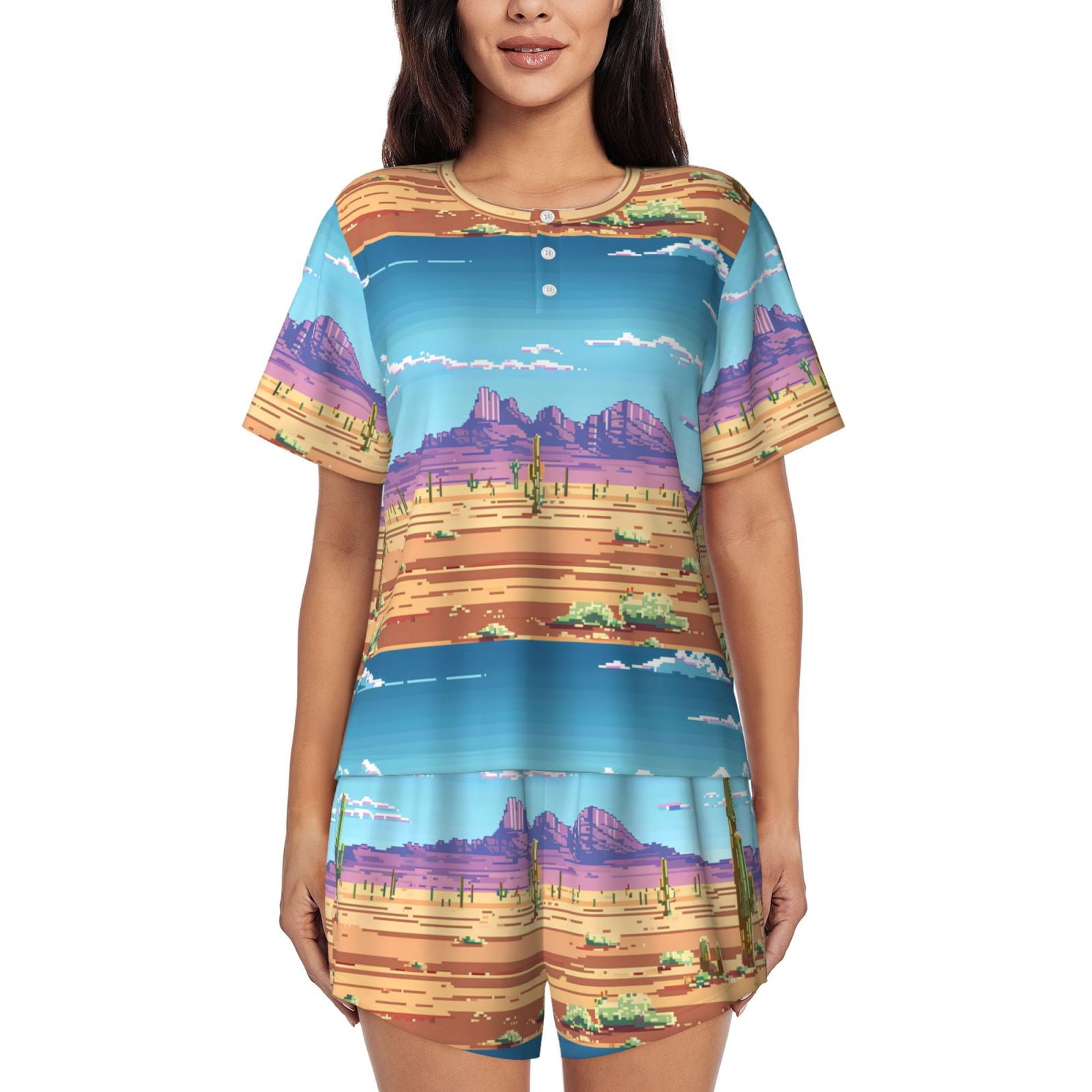 Adobk Pixel Desert Landscape Print Women Pajamas Sets for Short-Sleeved ...