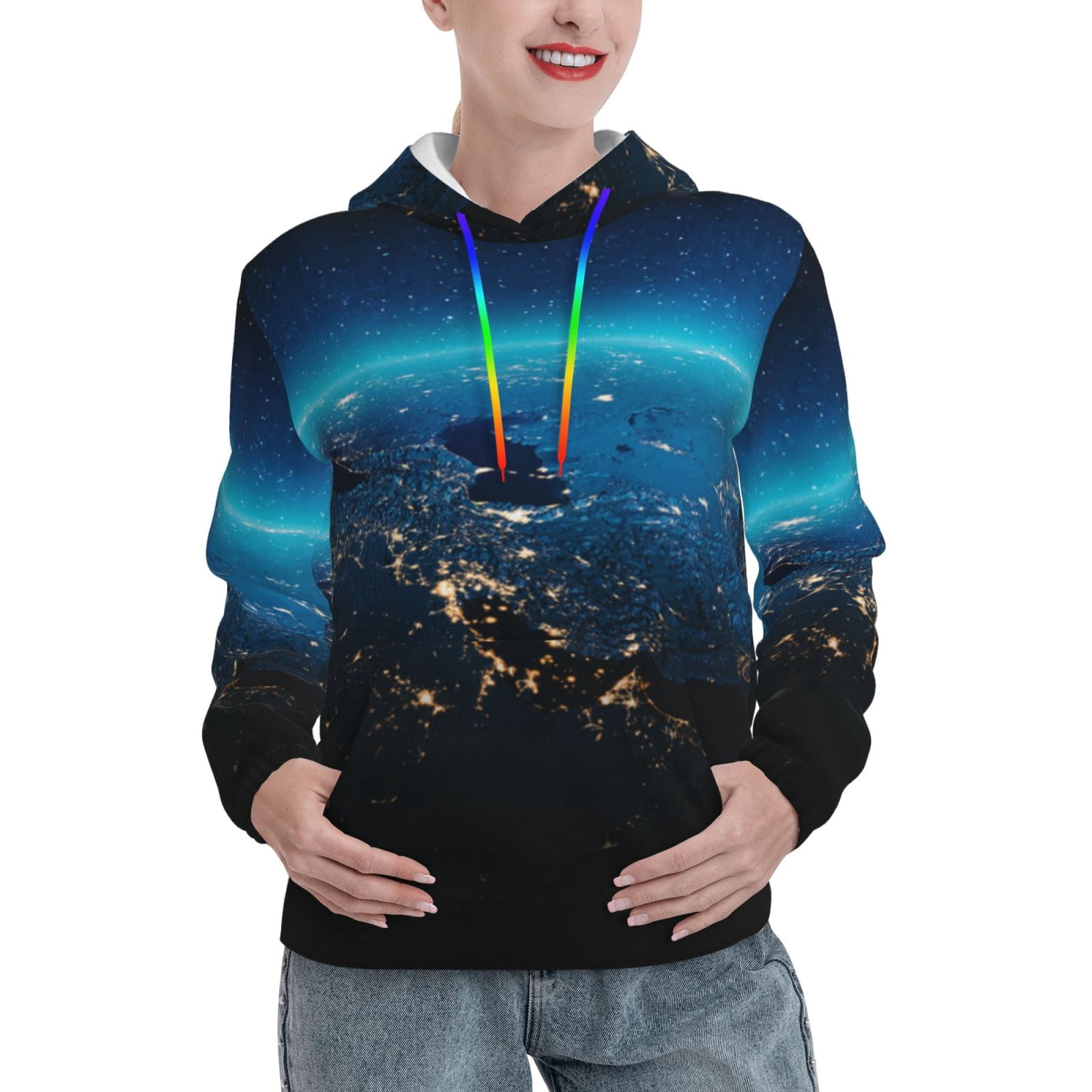 Adobk Planet Earth Print Womens Casual Hoodies Long Sleeve Sweatshirts ...