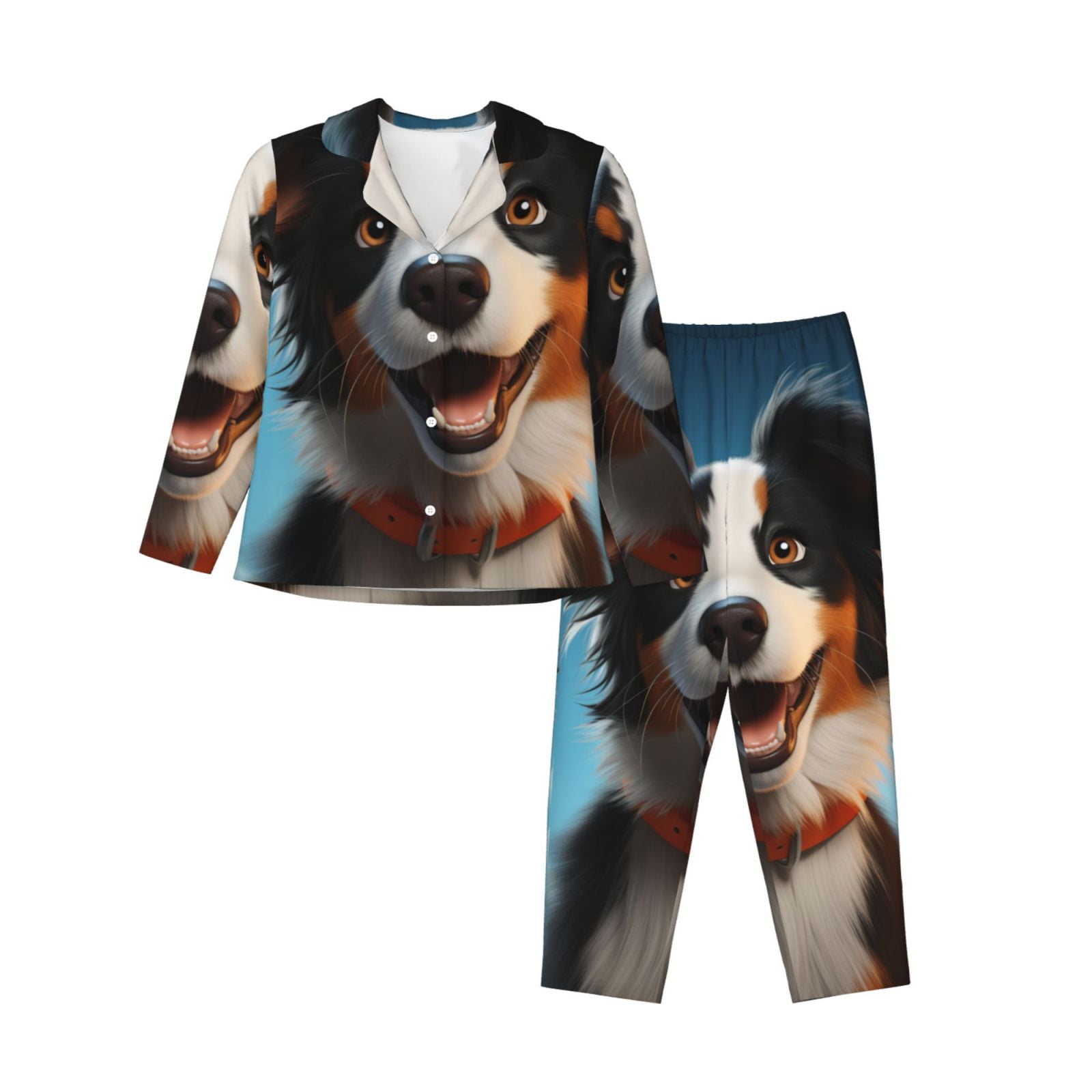 Adobk Playful Smile Cute Dog Print Pajamas Set Long Sleeve Sleepwear ...