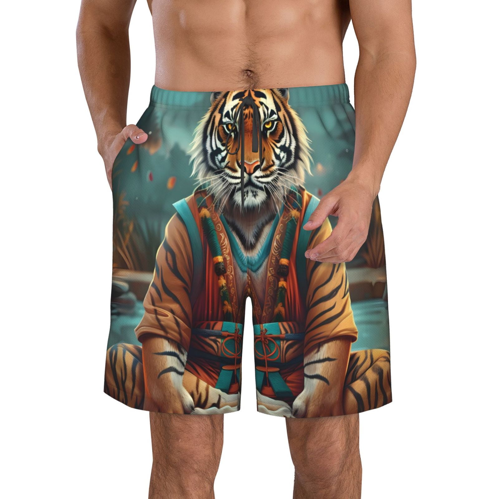 Adobk Pond Meditating Tiger Print Men's Swim Trunks Hawaiian Bathing ...