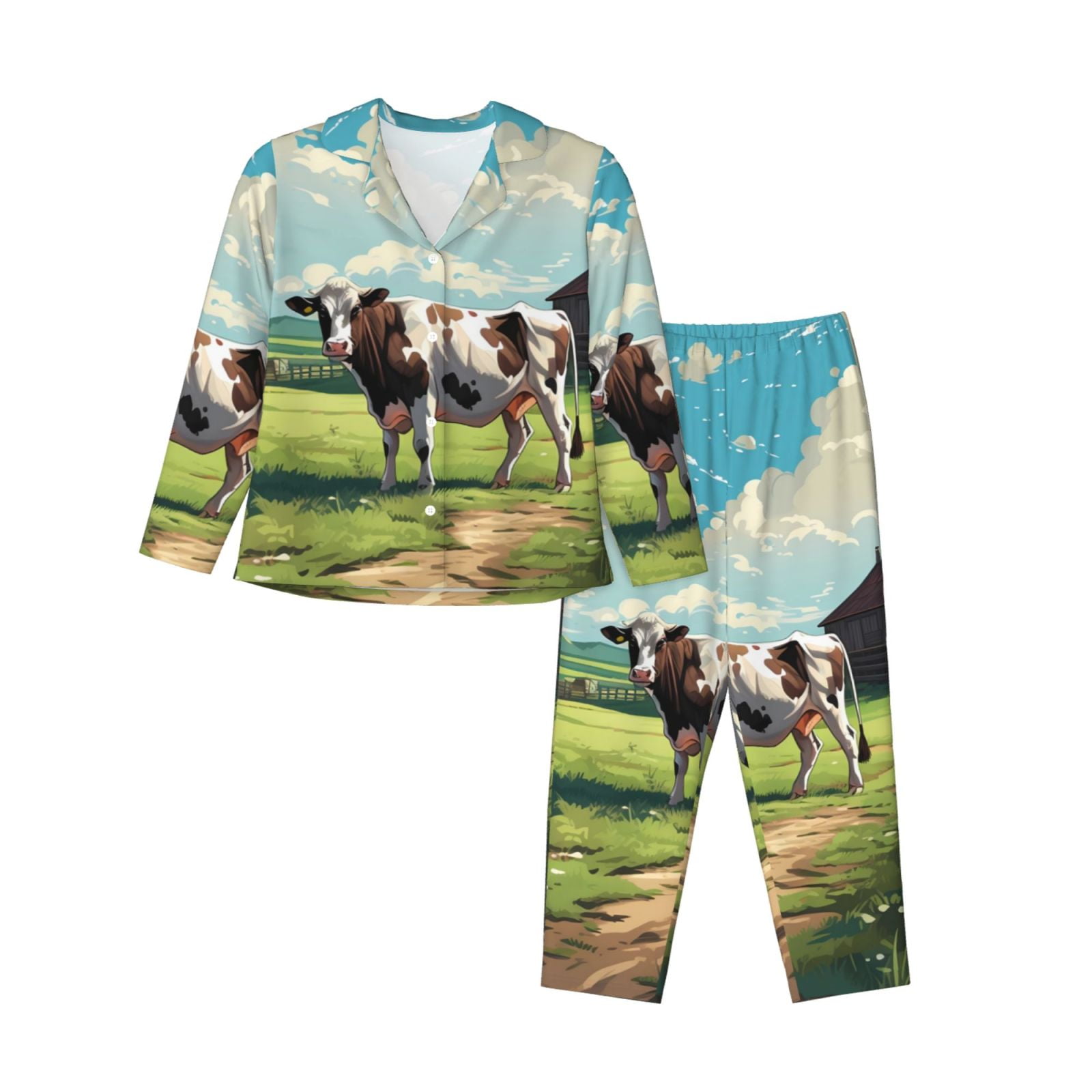Adobk Prairie Pasture Cow Print Pajamas Set Long Sleeve Sleepwear ...