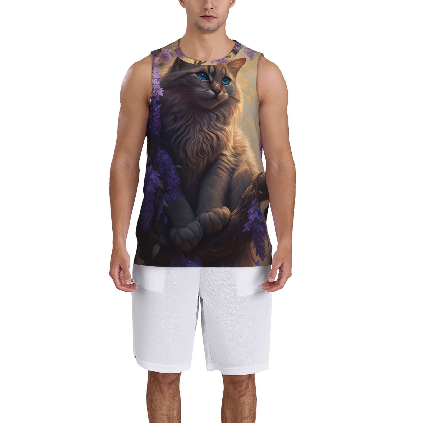 Adobk Purple Flower Lazy Cat Print Basketball Jerseys Sports Fans Shirts Clothing for Fans Men ...