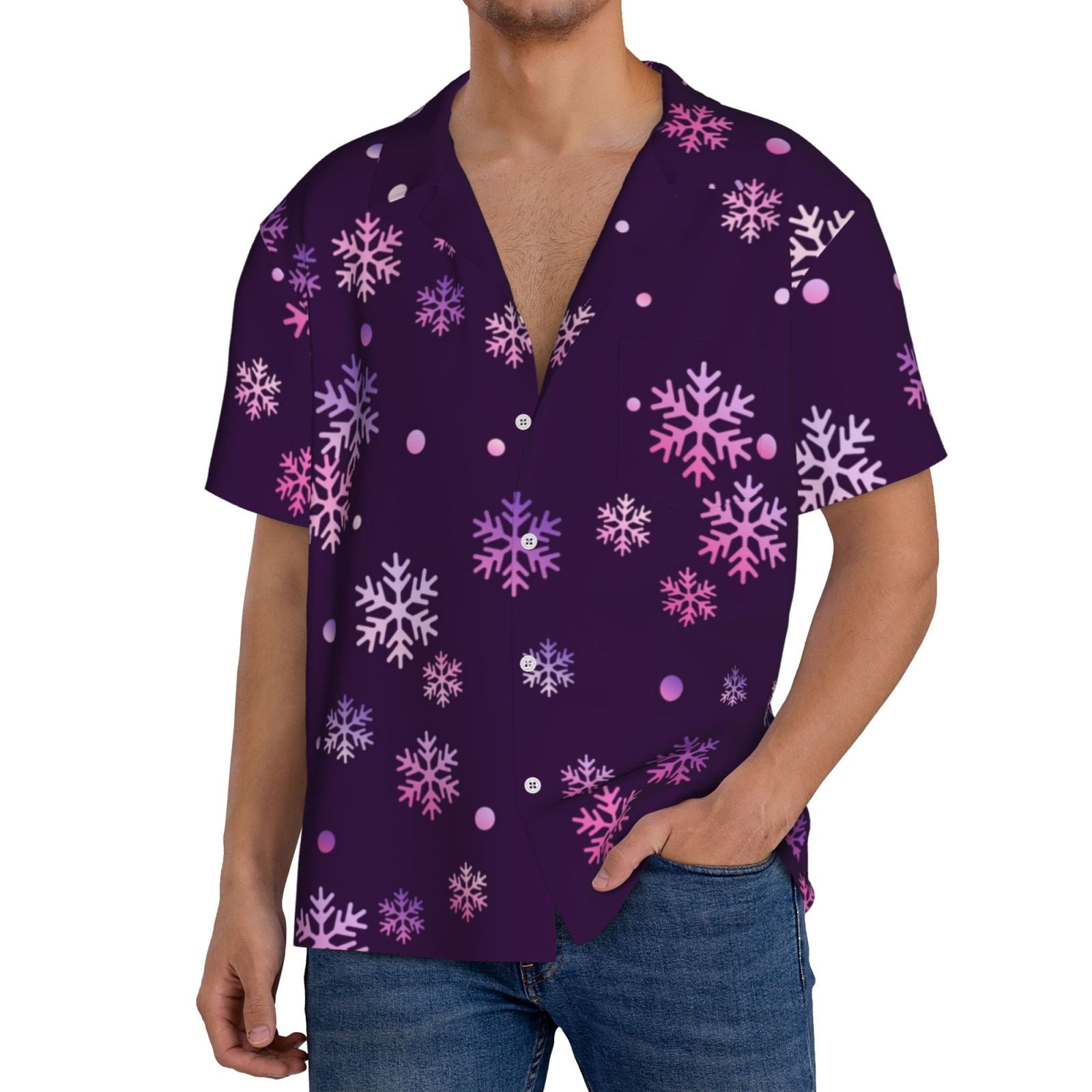 Adobk Purple Snow Flakes Print Men's Casual Button Down Shirt Summer ...
