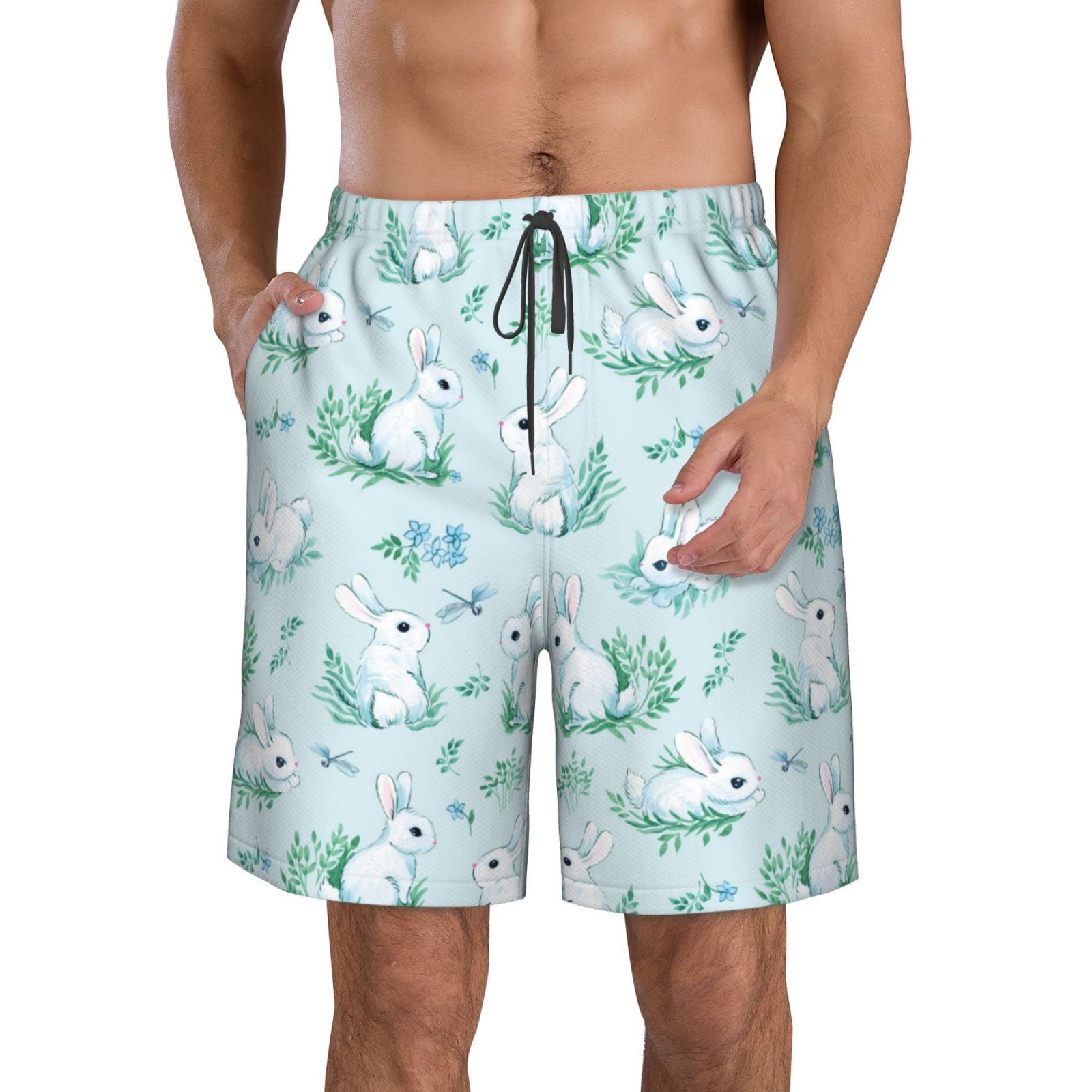 Adobk Rabbit And Dragonfly Print Men's Swim Trunks Hawaiian Bathing ...