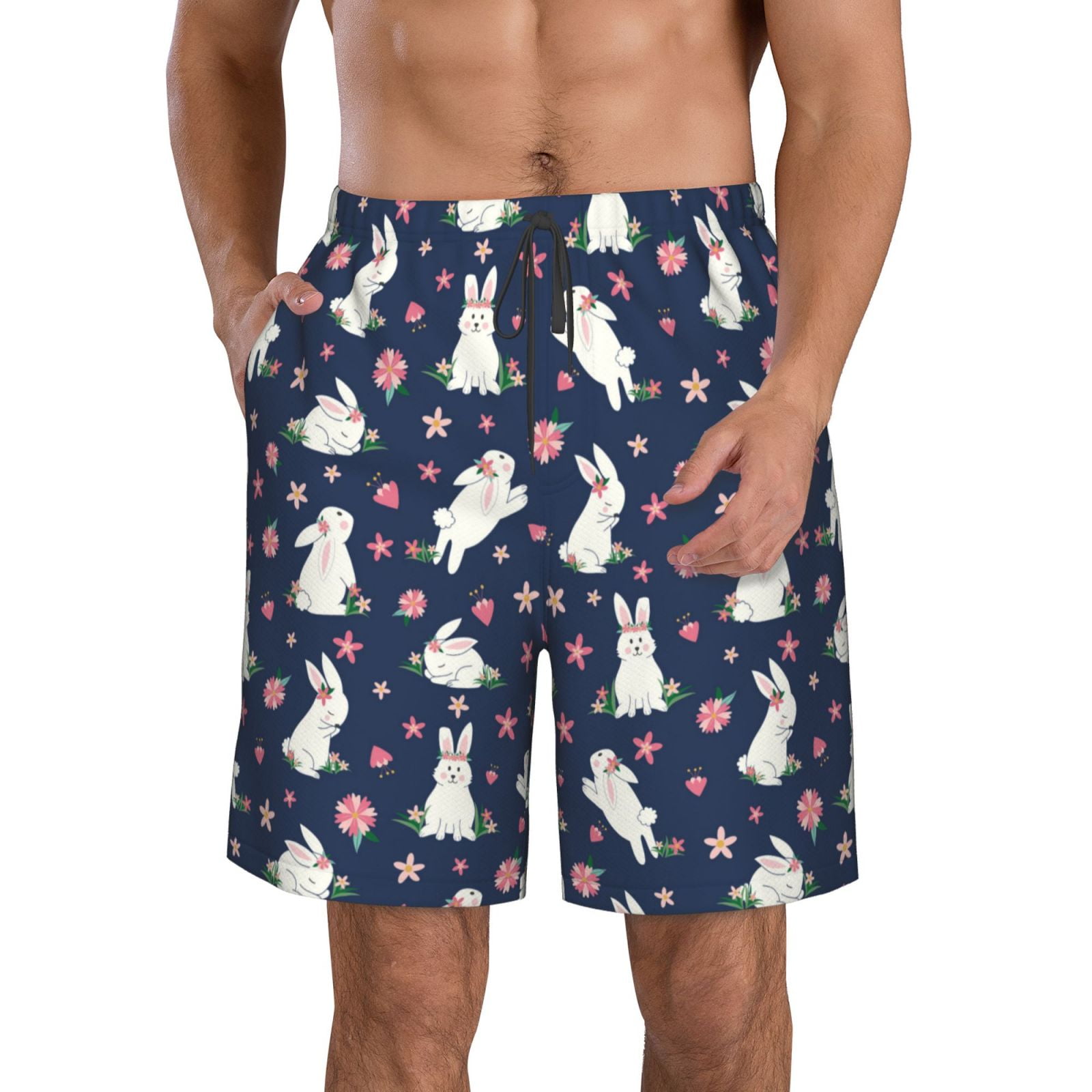Adobk Rabbit And Flower Print Men's Swim Trunks Hawaiian Bathing Suit ...