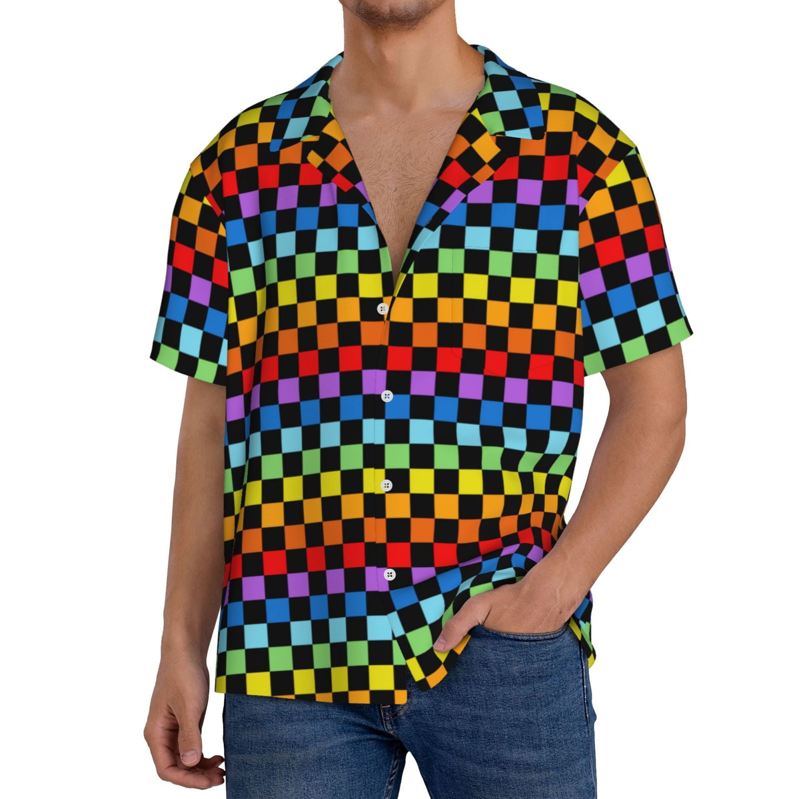 Adobk Rainbow Chequerboard Print Men's Casual Button Down Shirt Summer ...