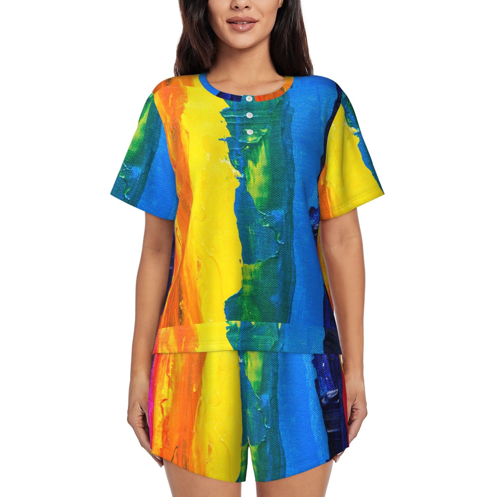 Adobk Rainbow Colored Print Women Pajamas Sets for Short-Sleeved，Shorts ...