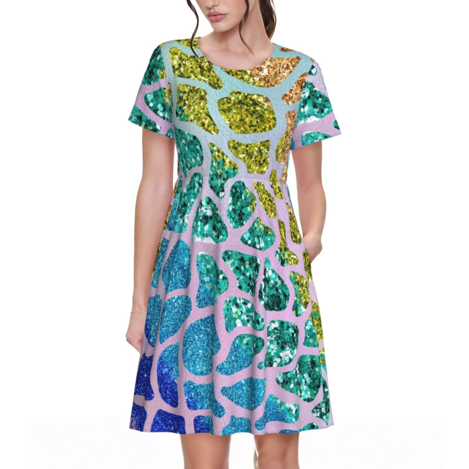 Adobk Rainbow Glitter Print Women’s Short Sleeve Dress, Comfortable ...