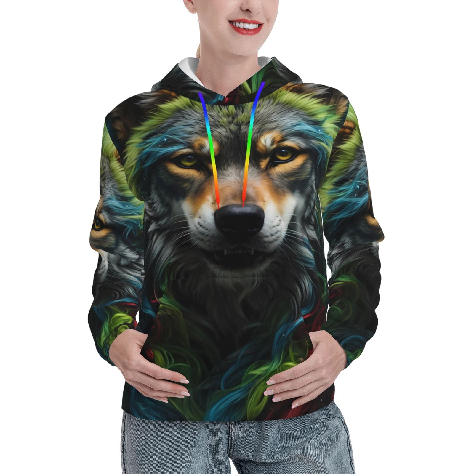 Adobk Realistic Style Colorful Wolf Print Womens Casual Hoodies Long ...