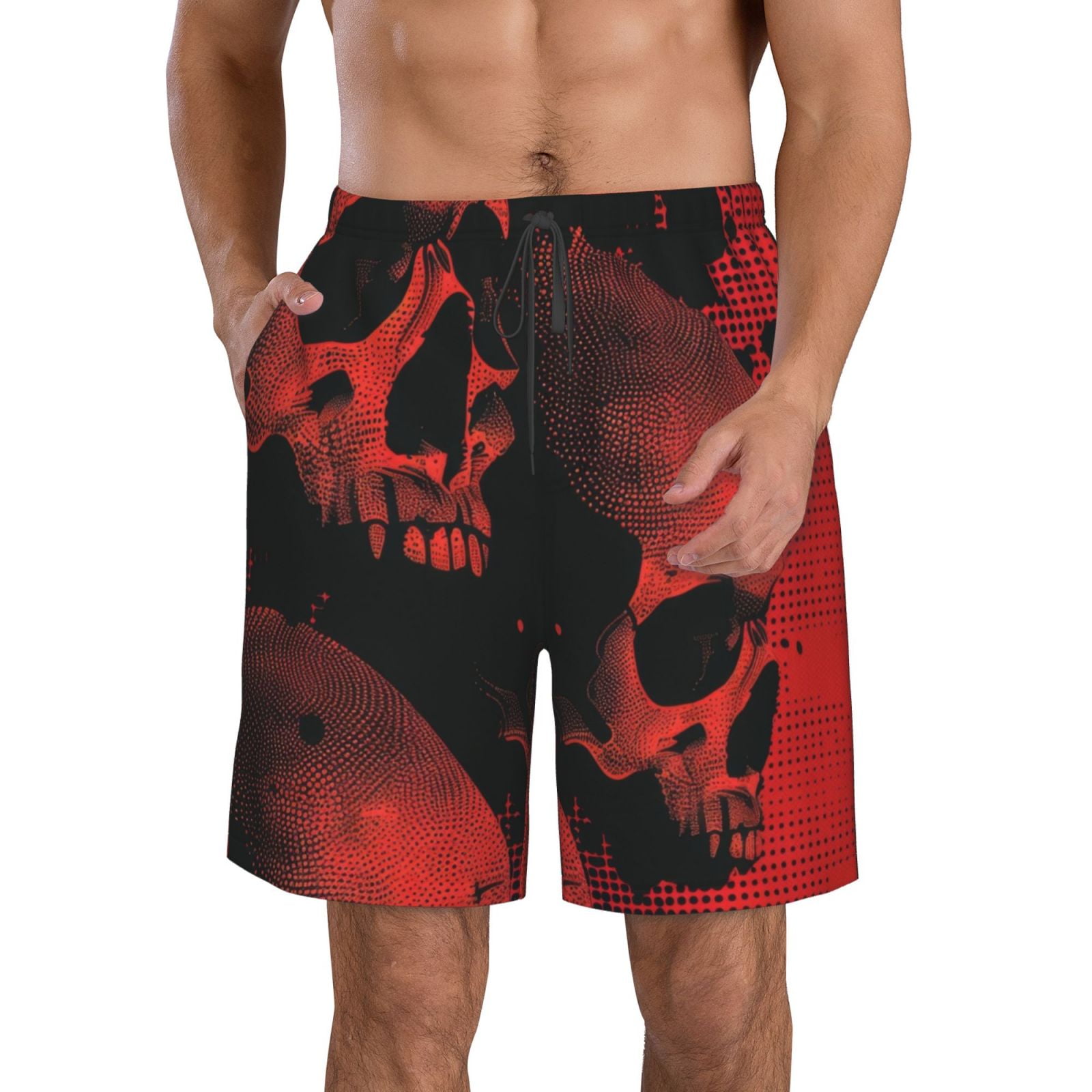 Adobk Red And Black Abstract Skull Print Men's Swim Trunks Hawaiian ...