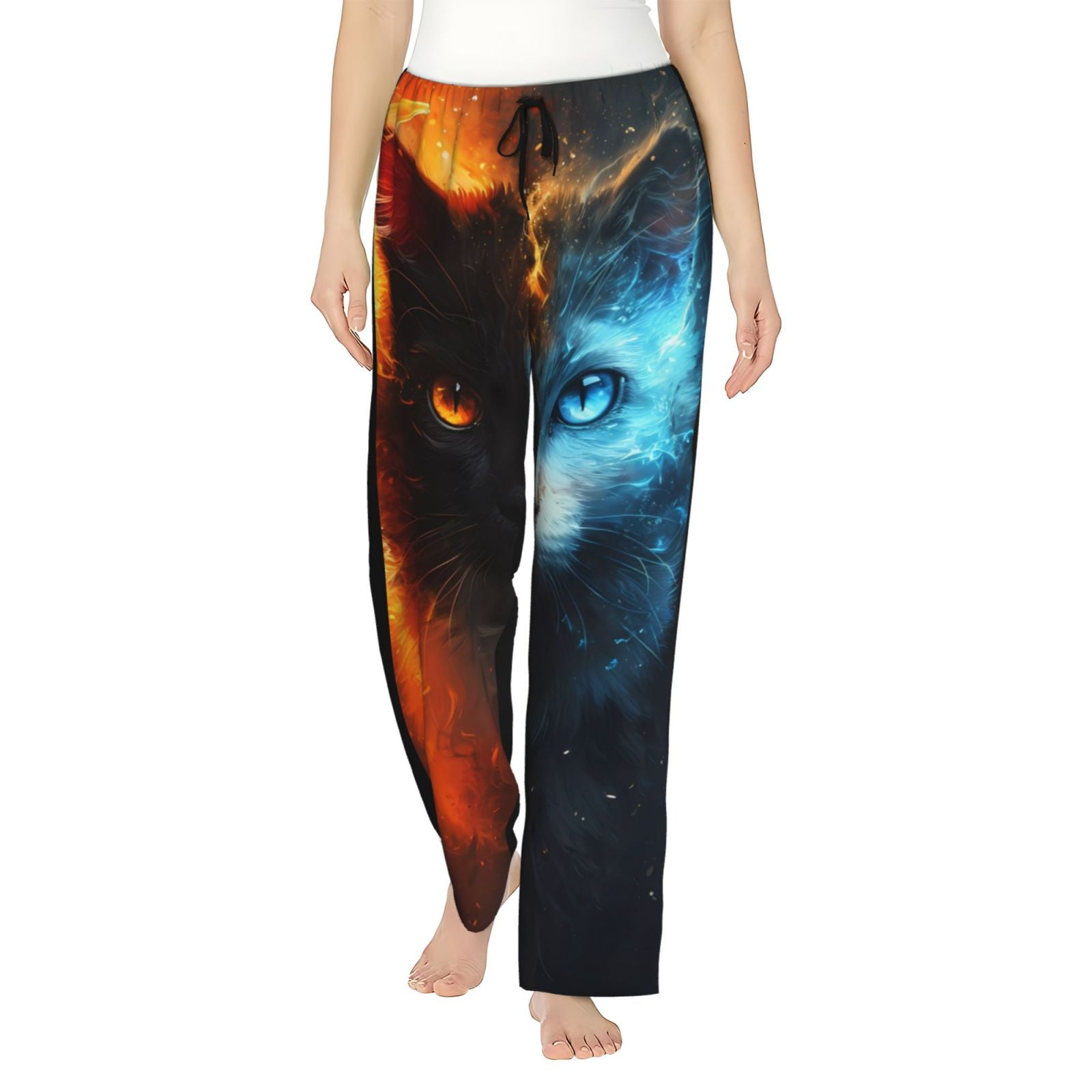 Adobk Red And Blue Fire Cat Print Women Comfy Casual Pajama Pants with ...