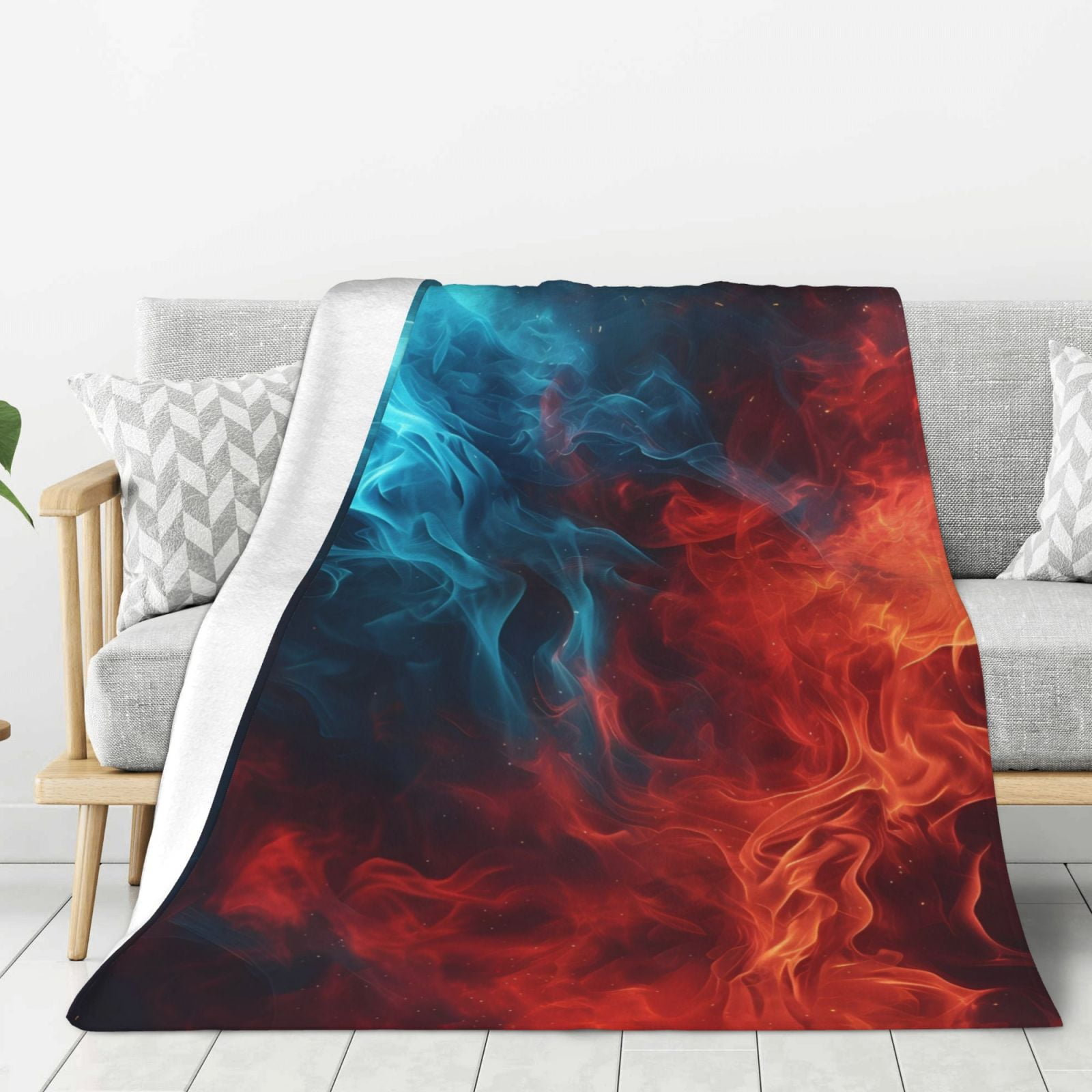 Adobk Red And Blue Fire Print Blanket Super Soft Flannel Throw Blanket Lightweight Fluffy Plush ...