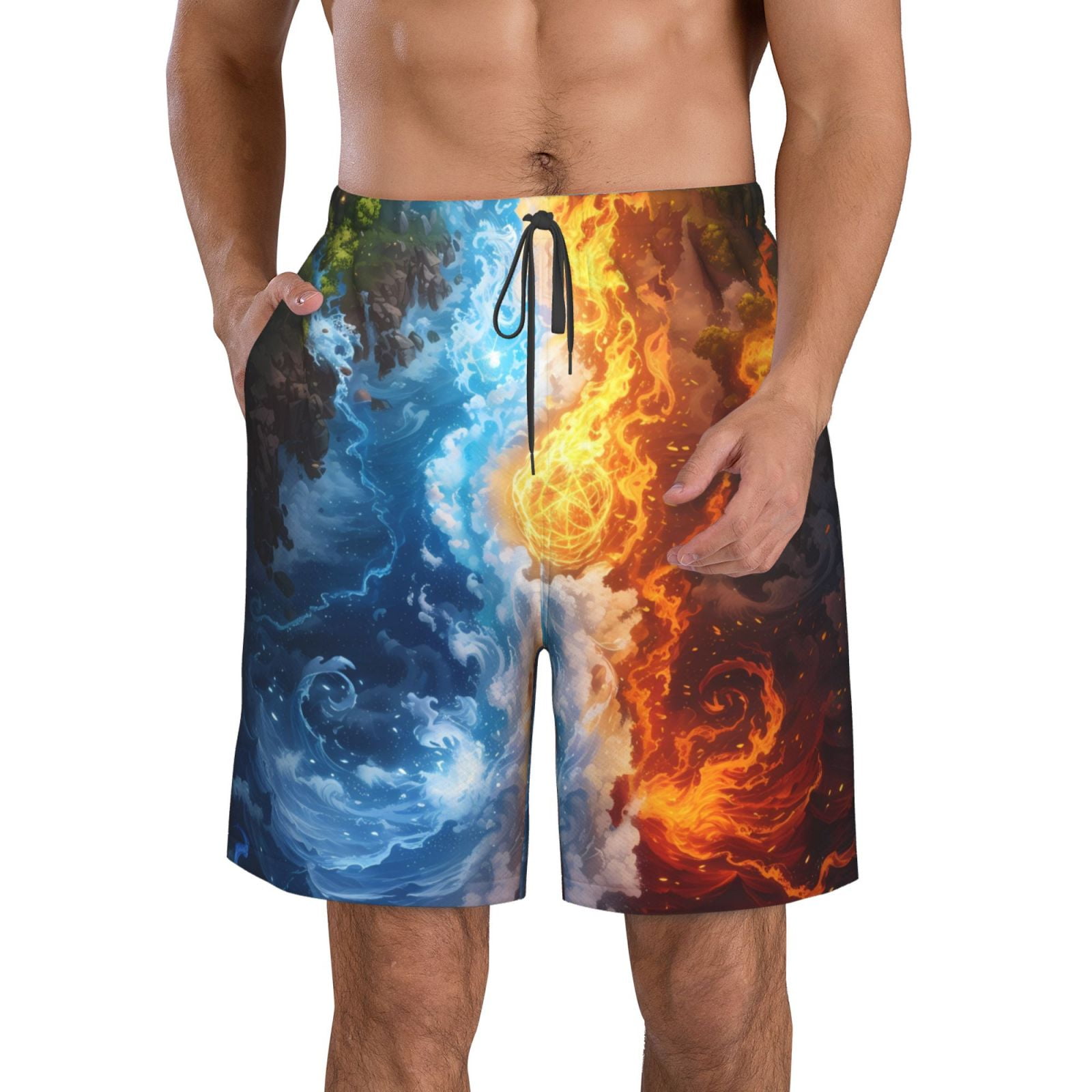 Adobk Red And Blue Flame Waves Print Men's Swim Trunks Hawaiian Bathing ...