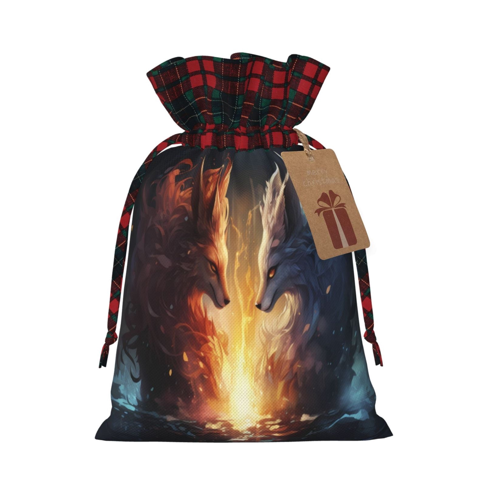 Adobk Red And White Flame Fox Print Holiday Drawstring Gift Bags ...