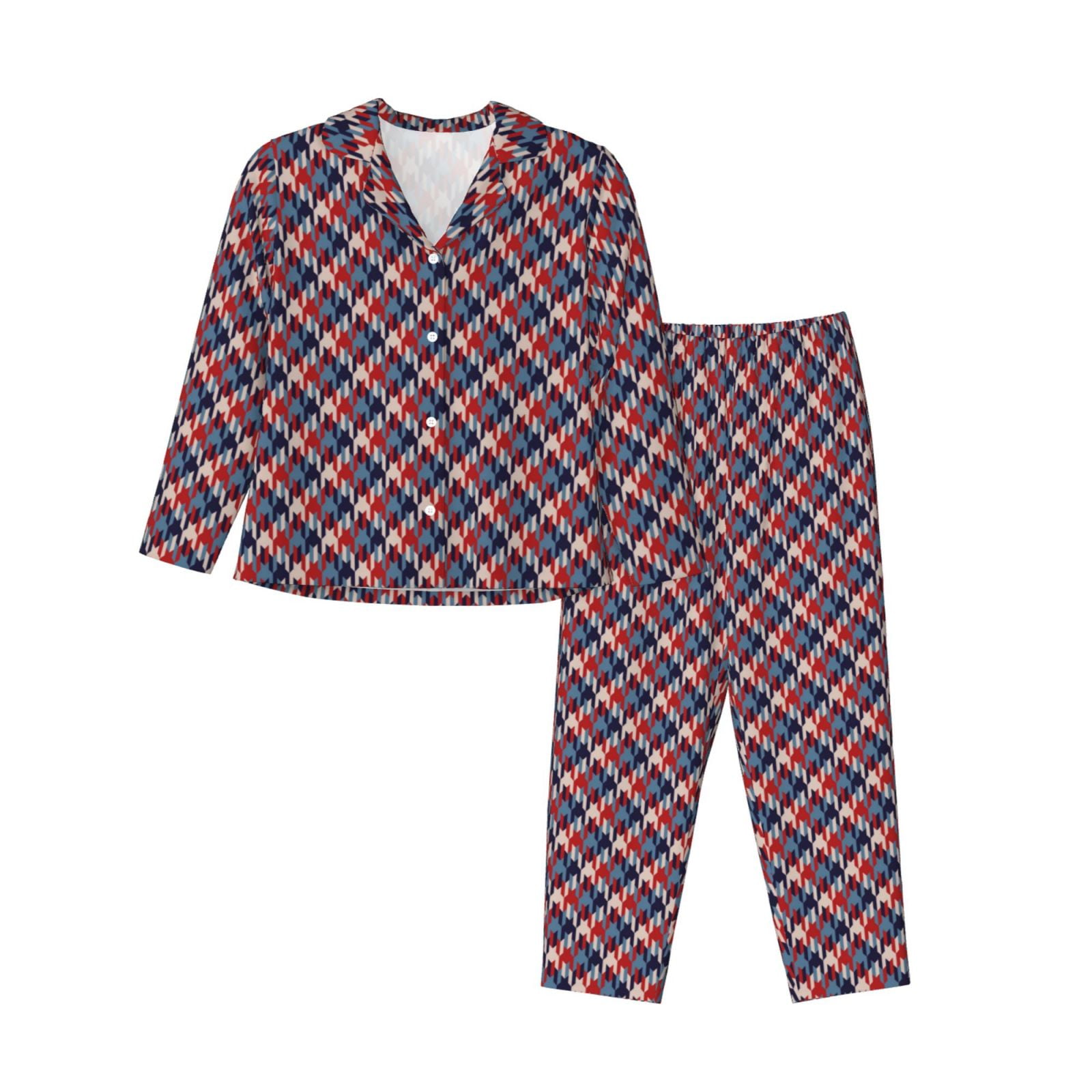 Adobk Red Blue Checked Print Pajamas Set Long Sleeve Sleepwear Womens ...