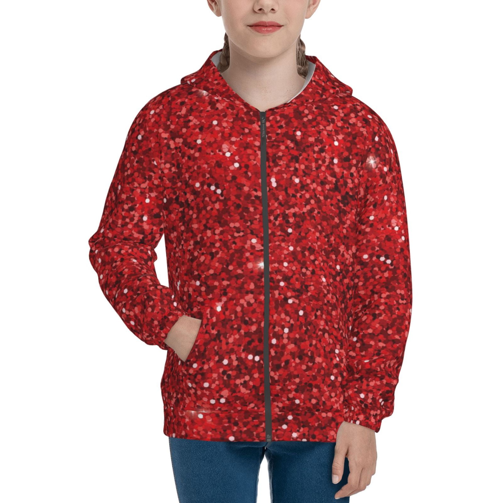 Adobk Red Glitter Print Teenage Hoodies Fashion Crew Neck Zipper Hooded ...