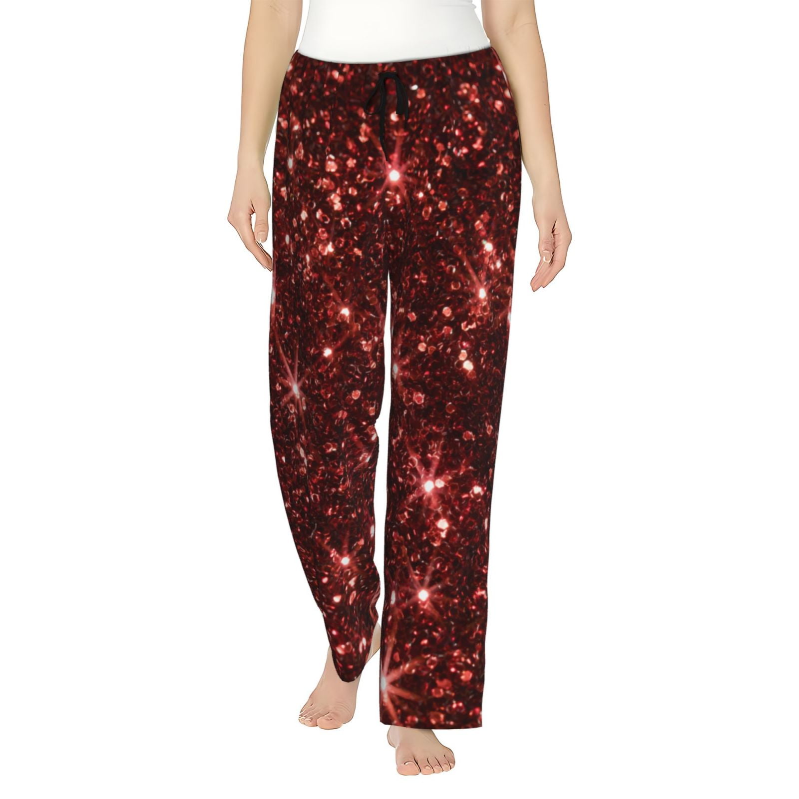 Adobk Red Glitter Texture Print Women Comfy Casual Pajama Pants with ...