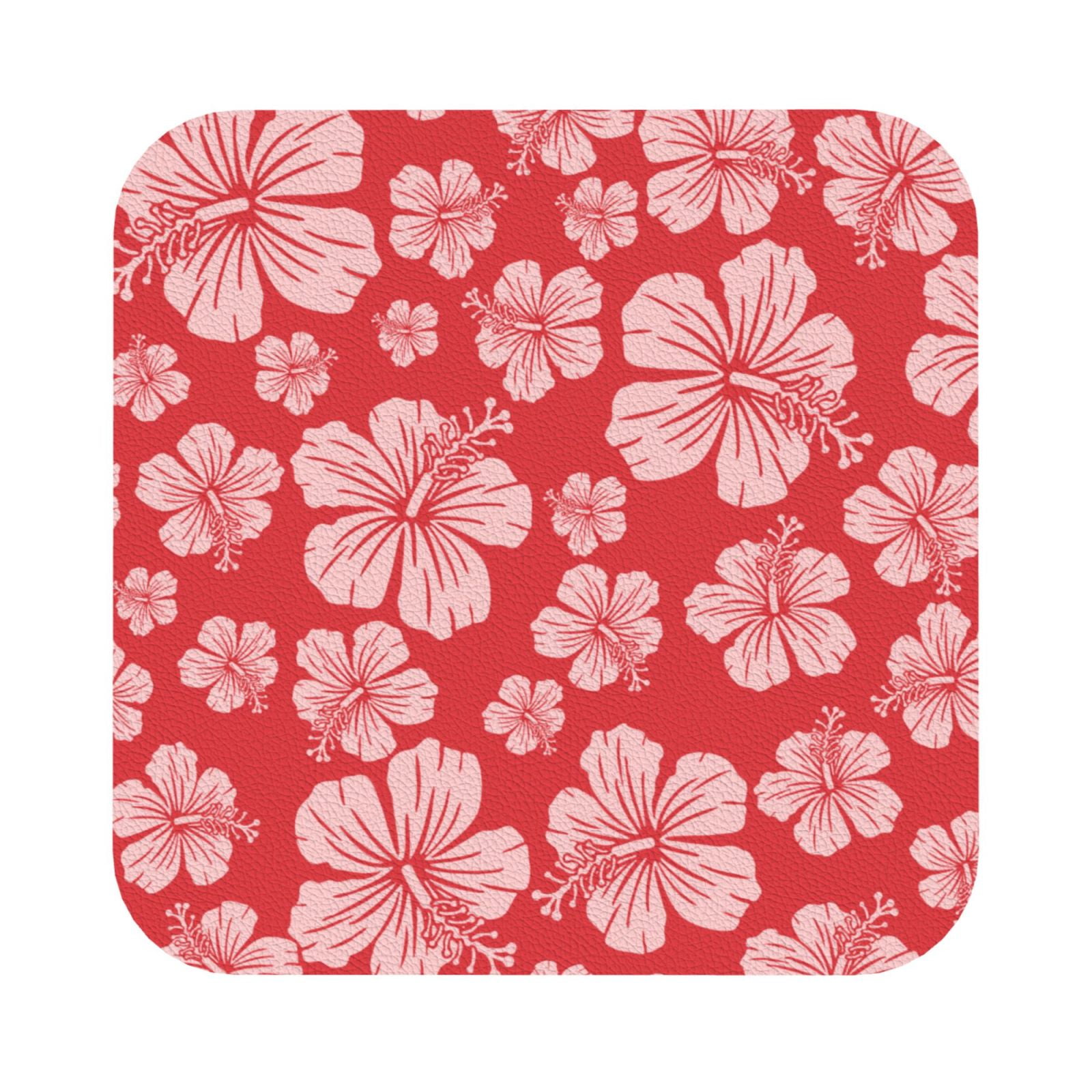 Adobk Red Hibiscus Flower Print Leather Coasters for Drinks(6 Pack ...