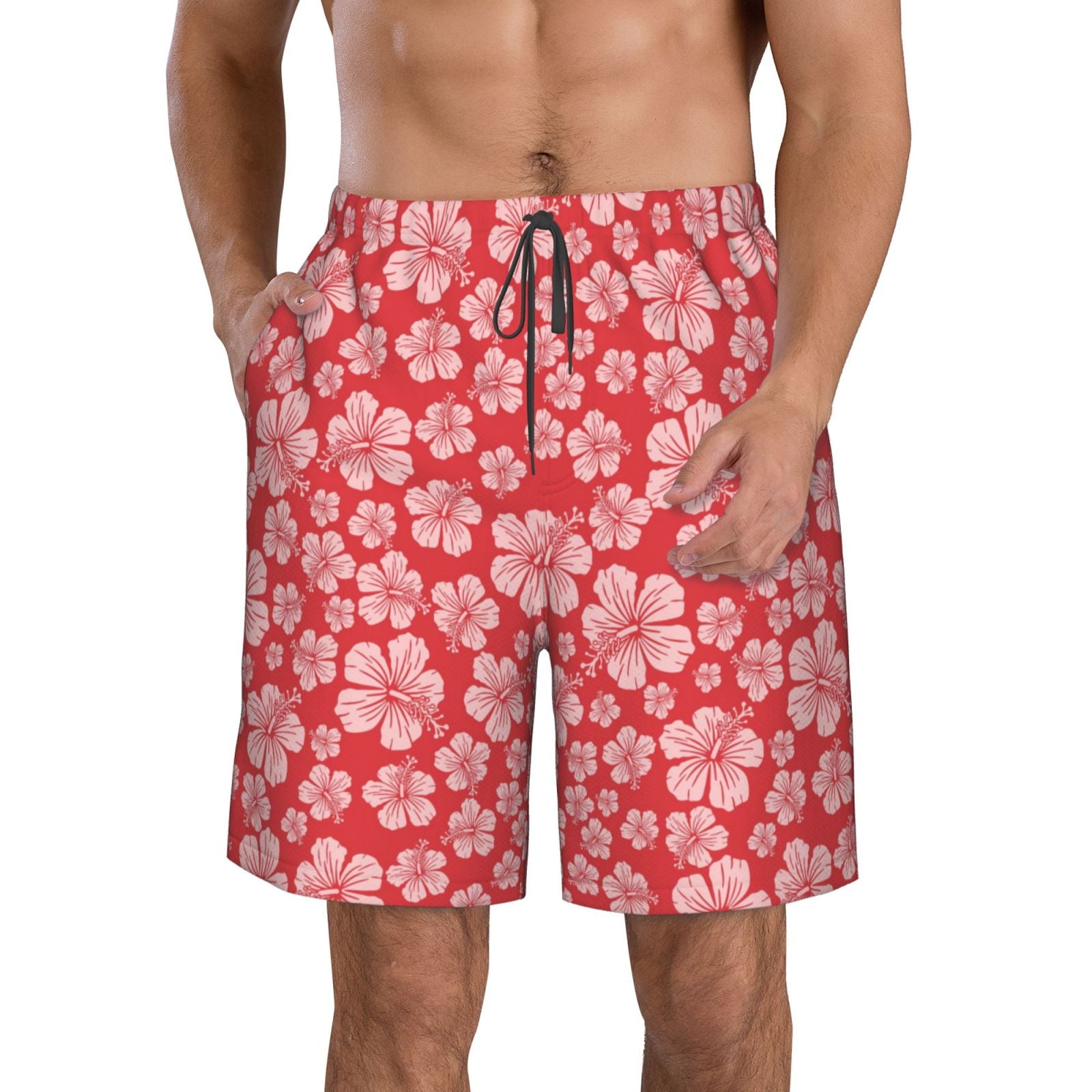 Adobk Red Hibiscus Flower Print Men's Swim Trunks Hawaiian Bathing Suit ...