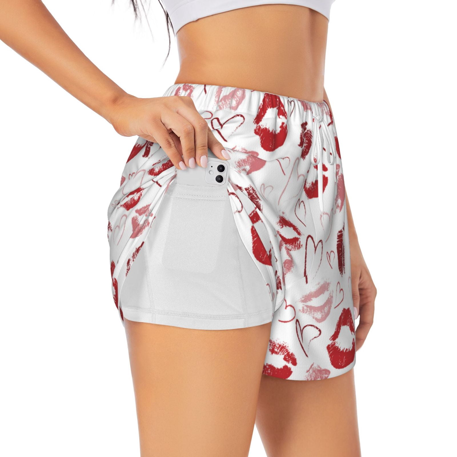 Adobk Red Lips Print Women's Workout Shorts for Athletic Gym Running ...