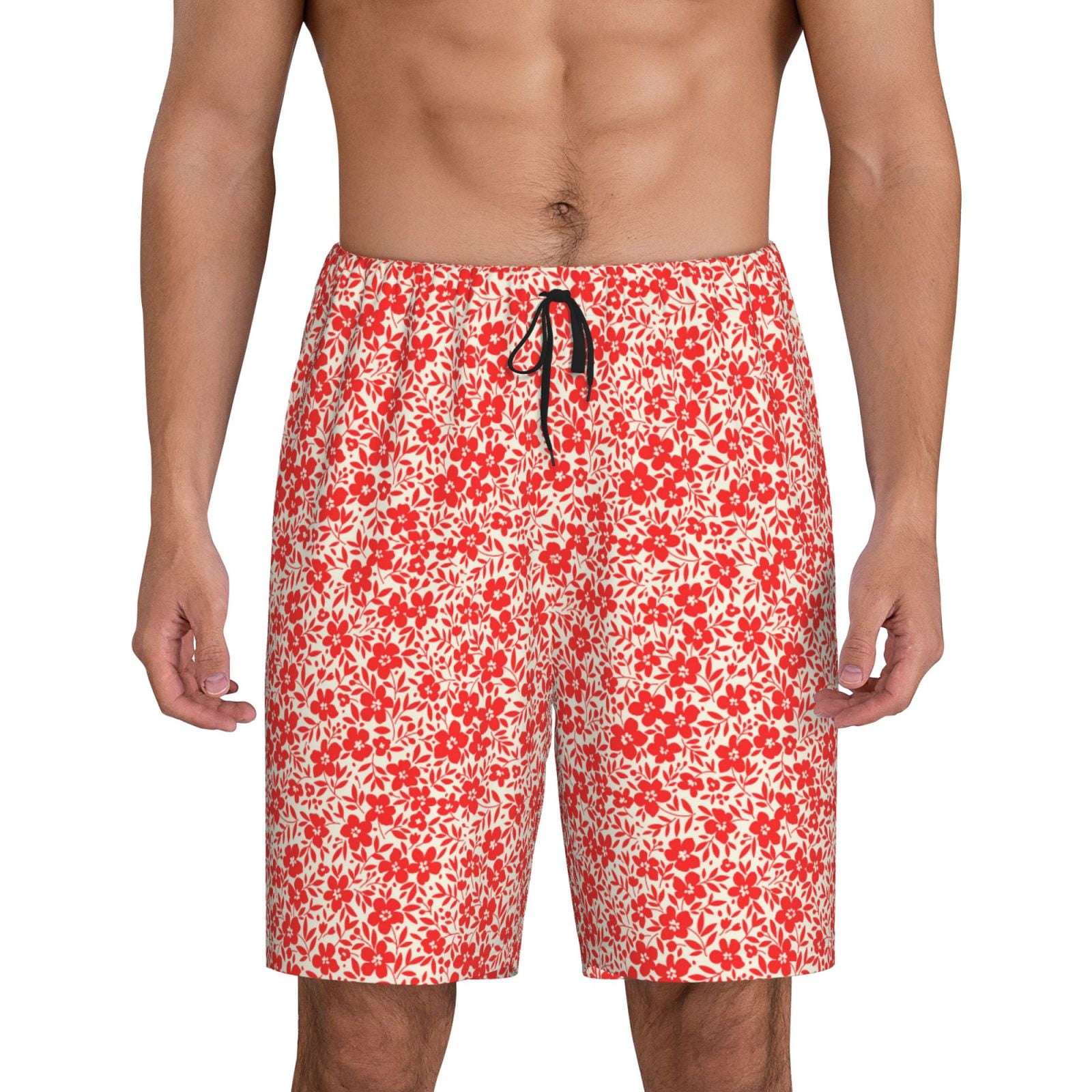 Adobk Red Pretty Flowers Print Pajama Shorts Elastic Waistband Sleep ...