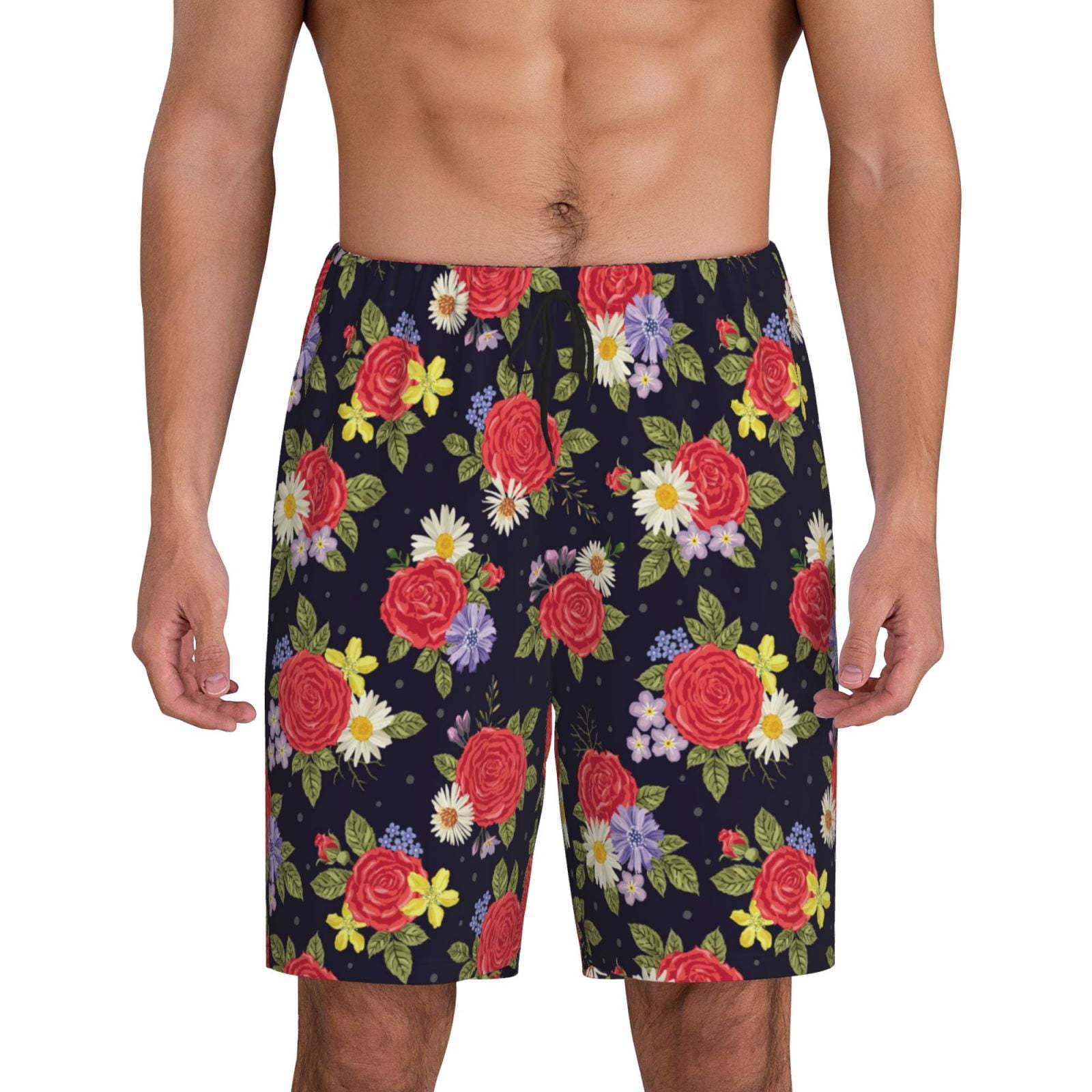Adobk Red Rose Flower Print Pajama Shorts for Men Pjs Bottoms Sleep ...