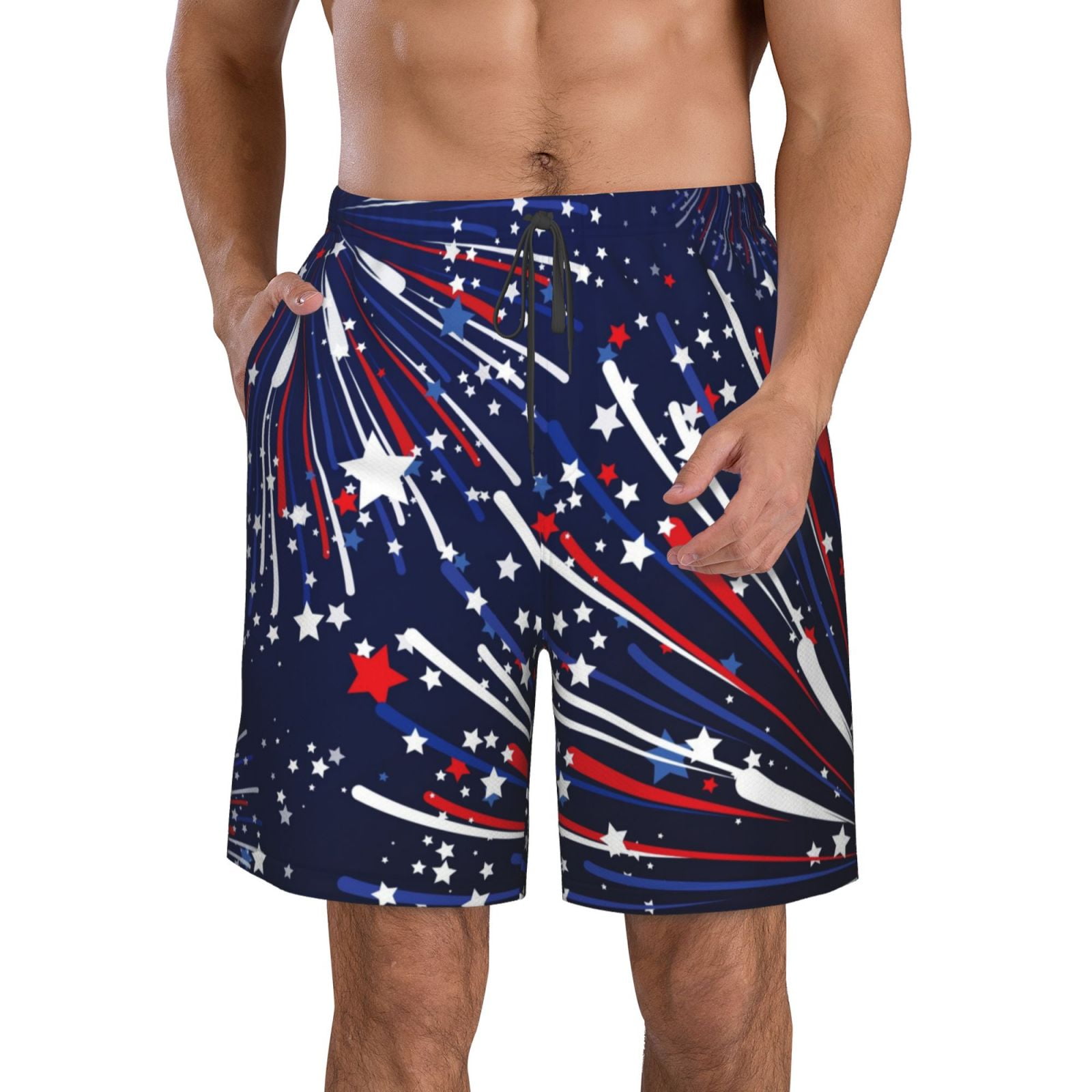 Adobk Red White Blue Fireworks 1 Print Men's Swim Trunks Hawaiian ...