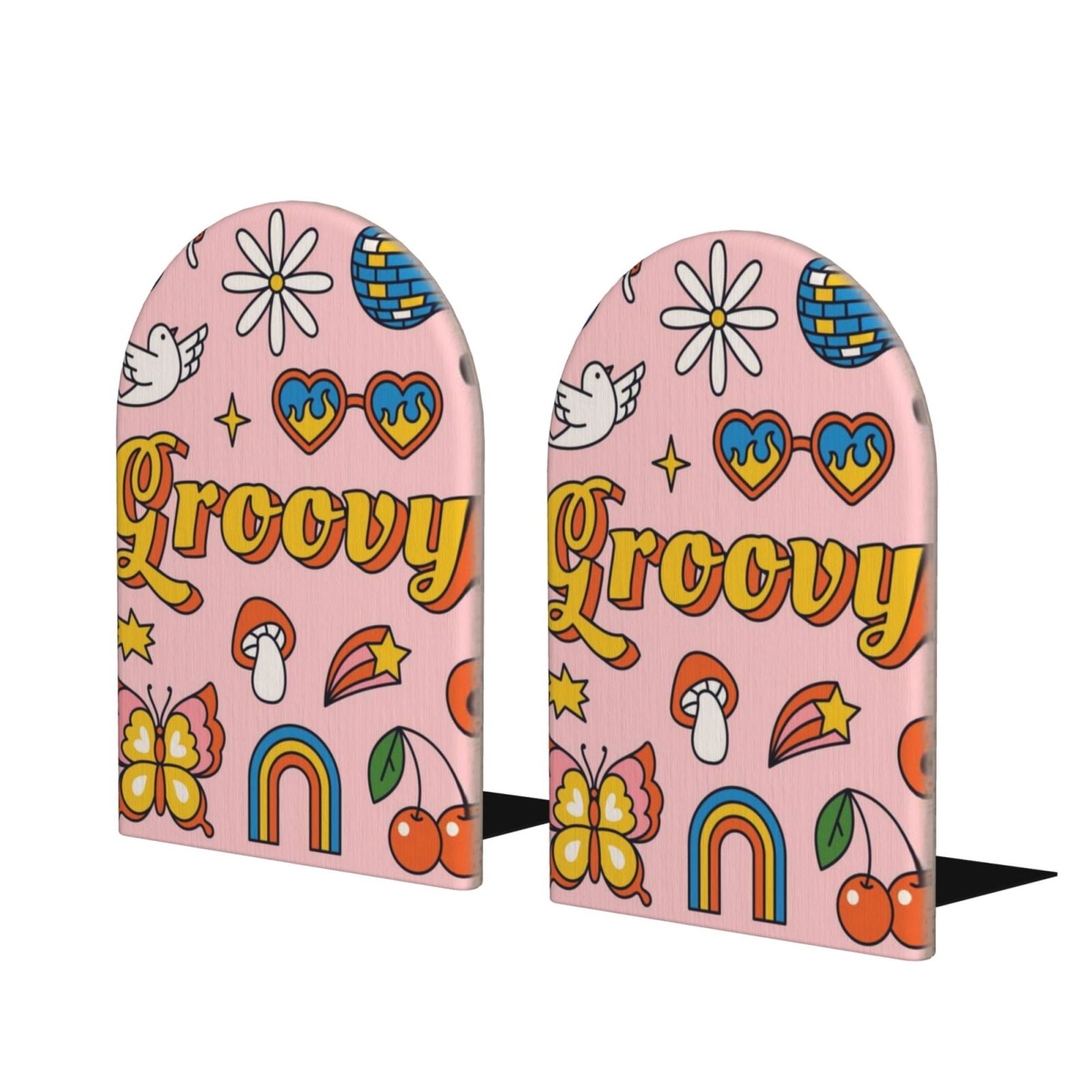 Adobk Retro 70s Hippie Print Wooden Bookends with Metal Base,on-Skid ...