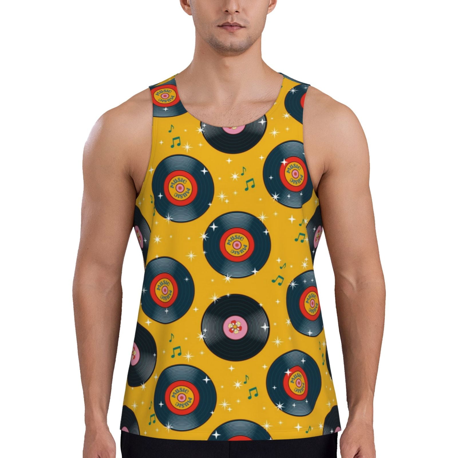 Adobk Retro Vinyl Records Print Men's Workout Tank Tops Sleeveless Mesh ...