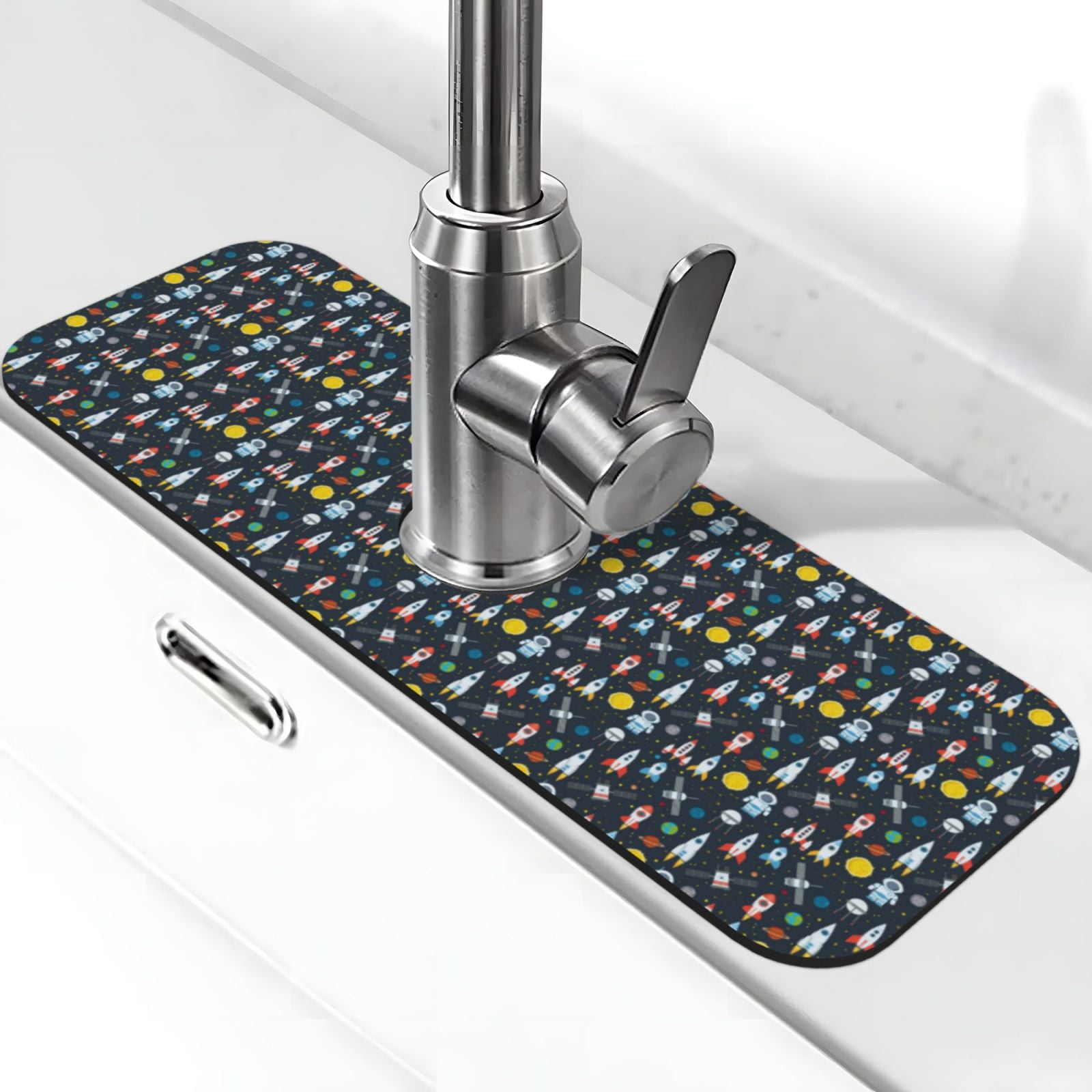 Adobk Rocket Space Print Faucet Mat for Kitchen Sink,Sink Splash Guard ...