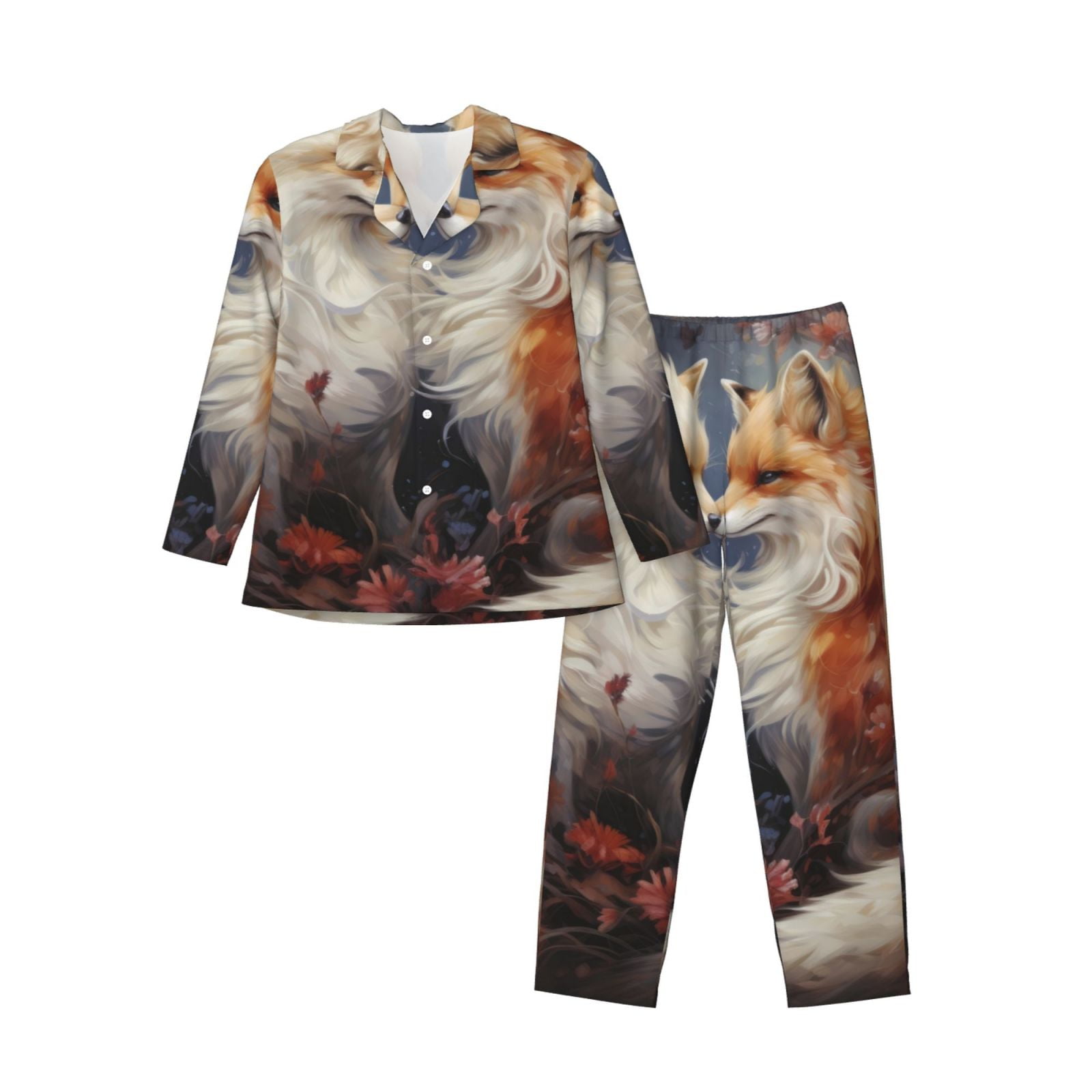 Adobk Romantic Flower Fox Couple Print Mens Pajamas Set Long Sleeve ...
