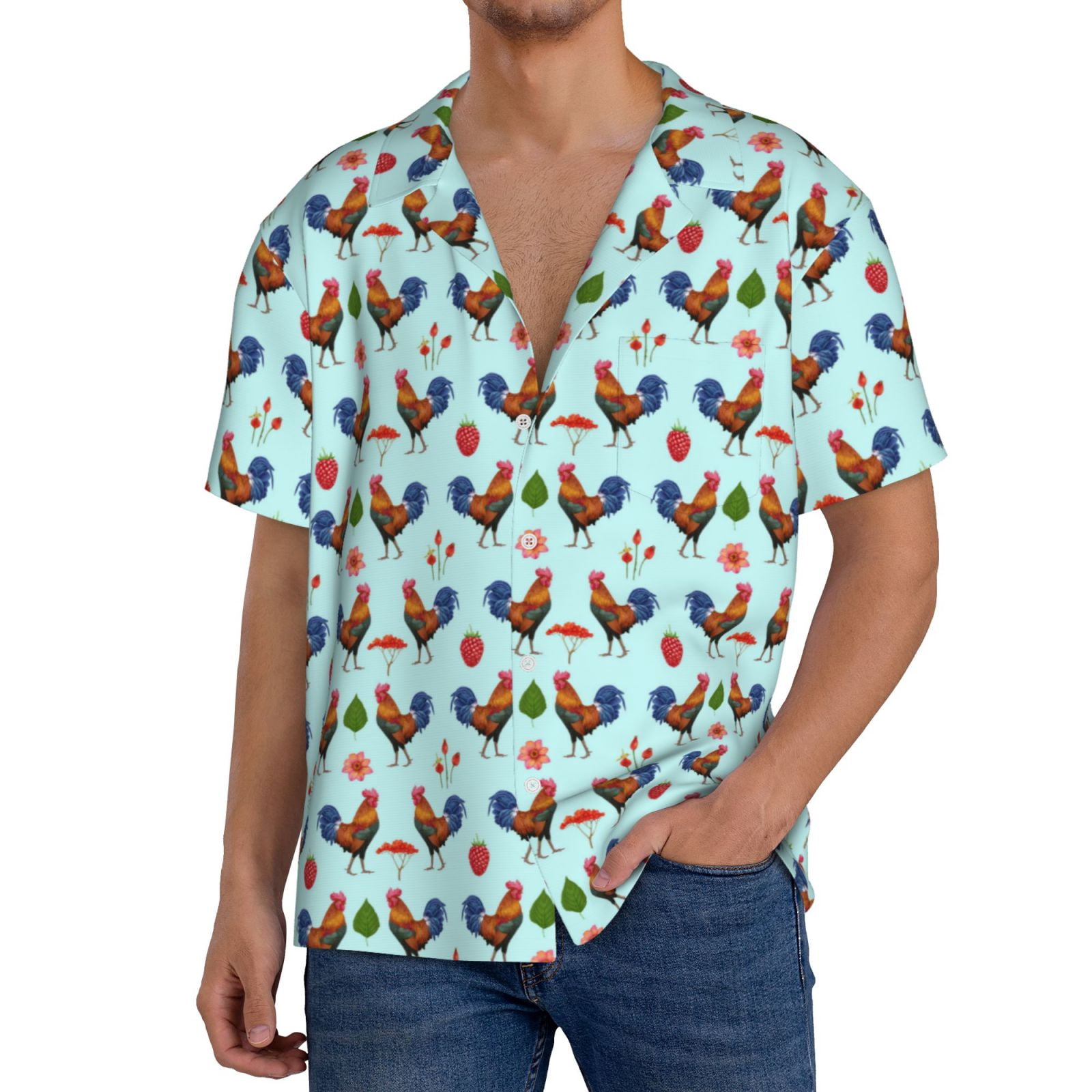 Adobk Roosters And Plants Print Men's Casual Button Down Shirt Summer ...
