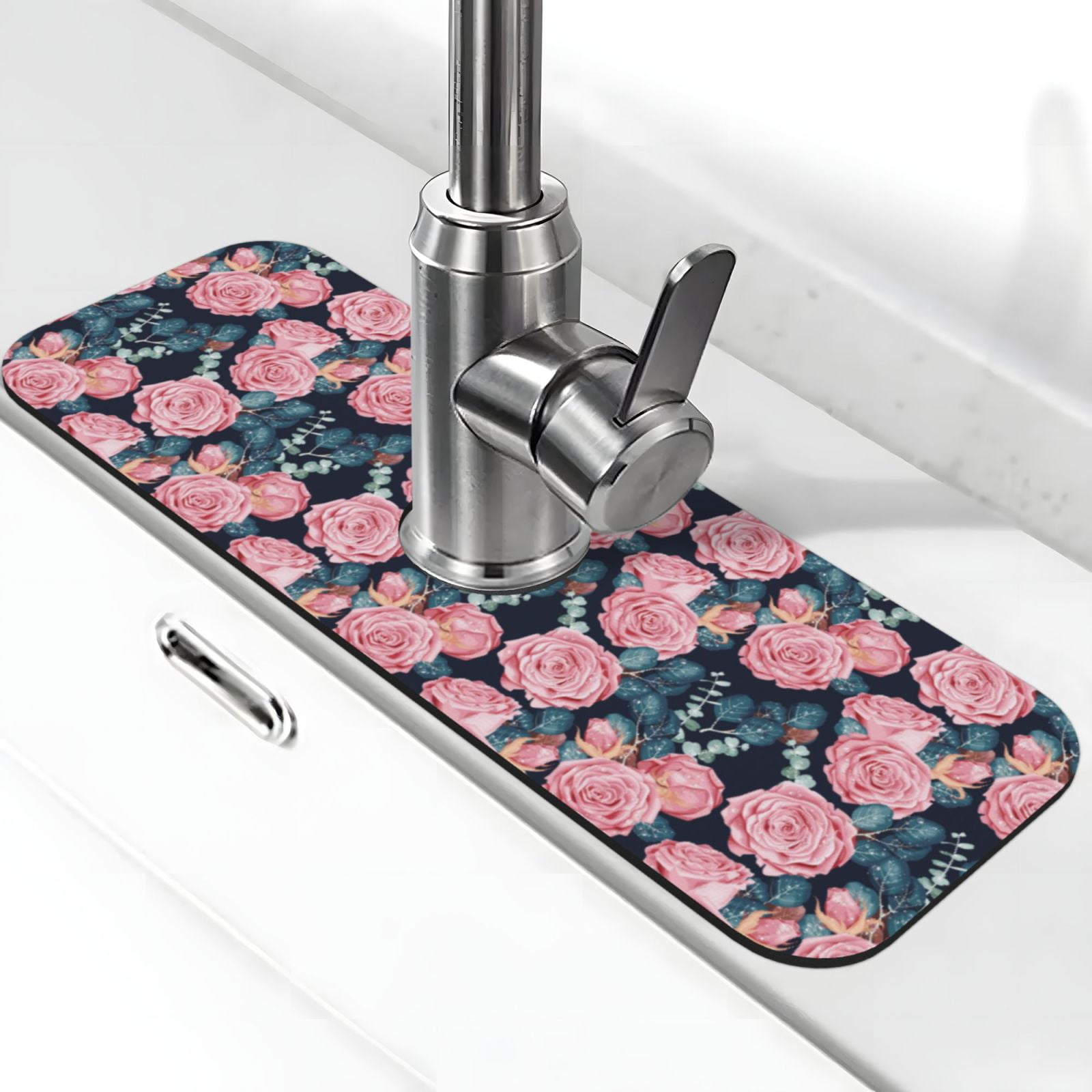 Adobk Rose Flowers Print Faucet Mat for Kitchen Sink,Sink Splash Guard ...