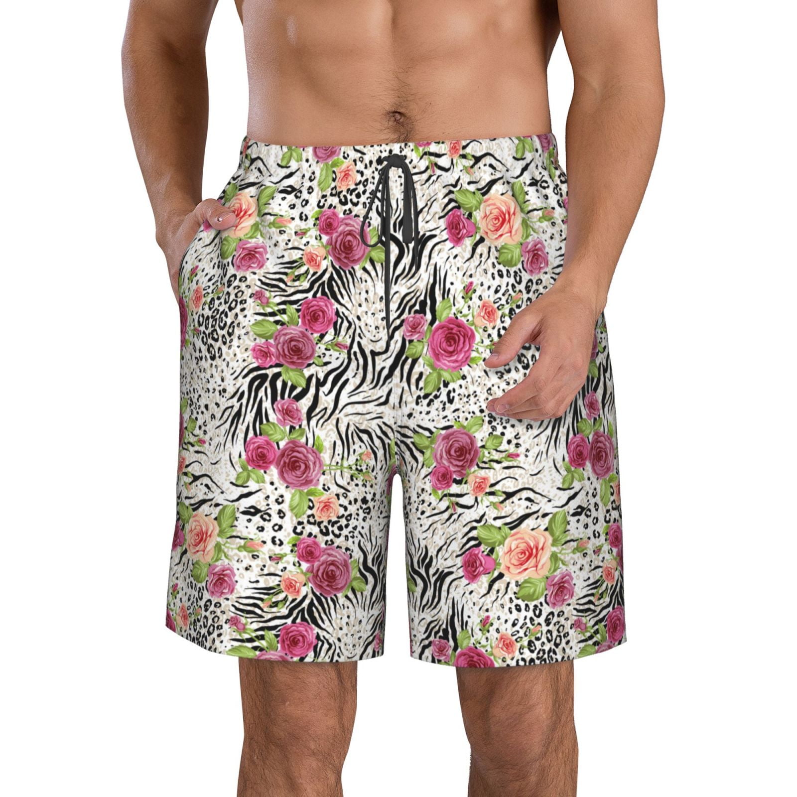 Adobk Roses Mixed Zebra Print Men's Swim Trunks Hawaiian Bathing Suit ...