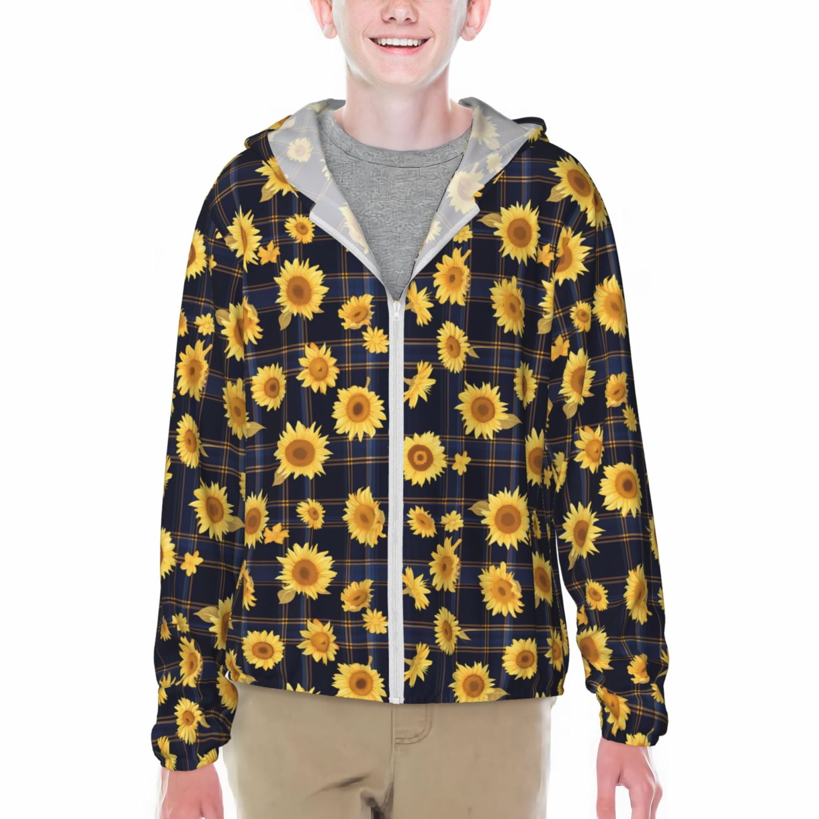 Adobk Royal Blue Plaid Sunflower Print Rash Guard Long Sleeve UPF 50 ...