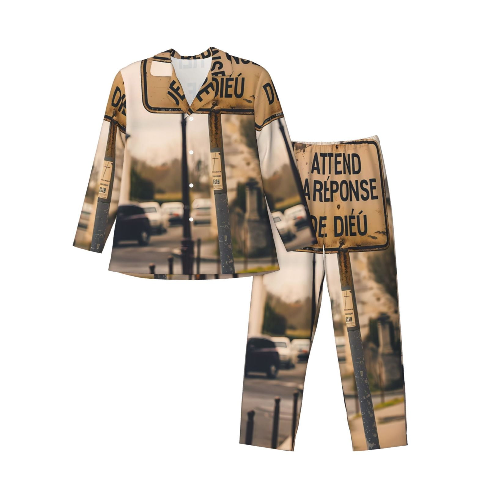 Adobk Rustic French Signpost Print Mens Pajamas Set Long Sleeve Soft ...