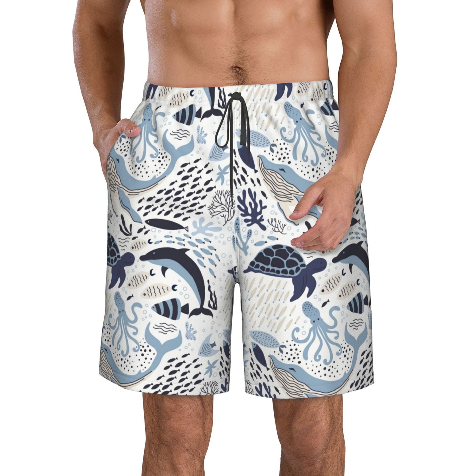 Adobk Sea Life Elements Print Men's Swim Trunks Hawaiian Bathing Suit ...