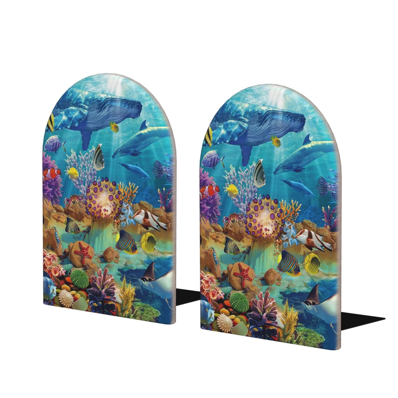Adobk Sea World Print Wooden Bookends with Metal Base,on-Skid Bookend ...