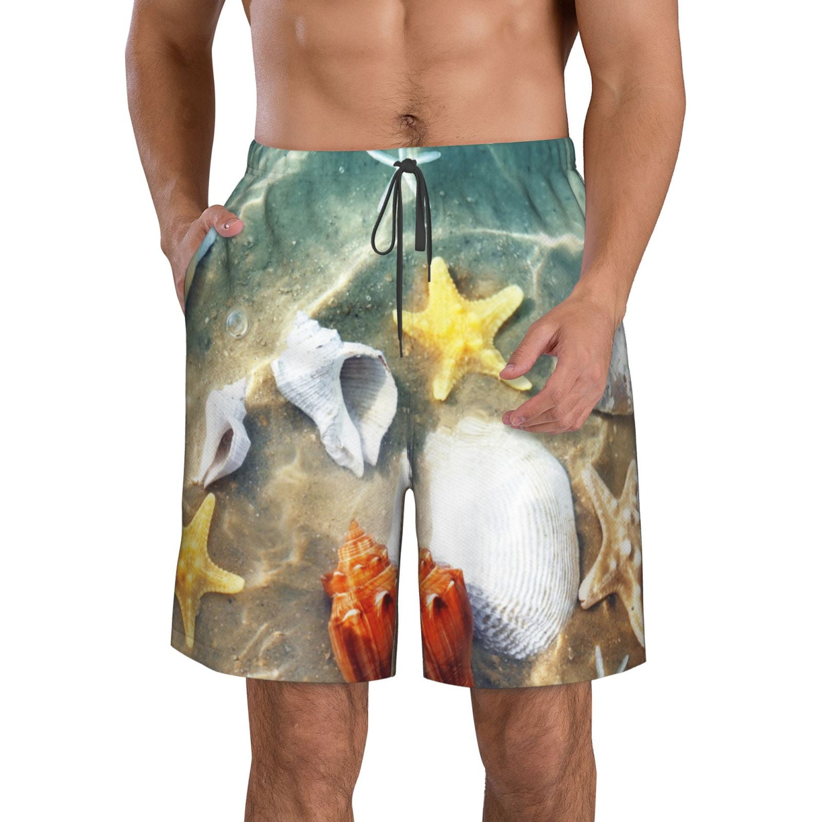 Adobk Seashell On The Beach Print Men's Swim Trunks Hawaiian Bathing ...