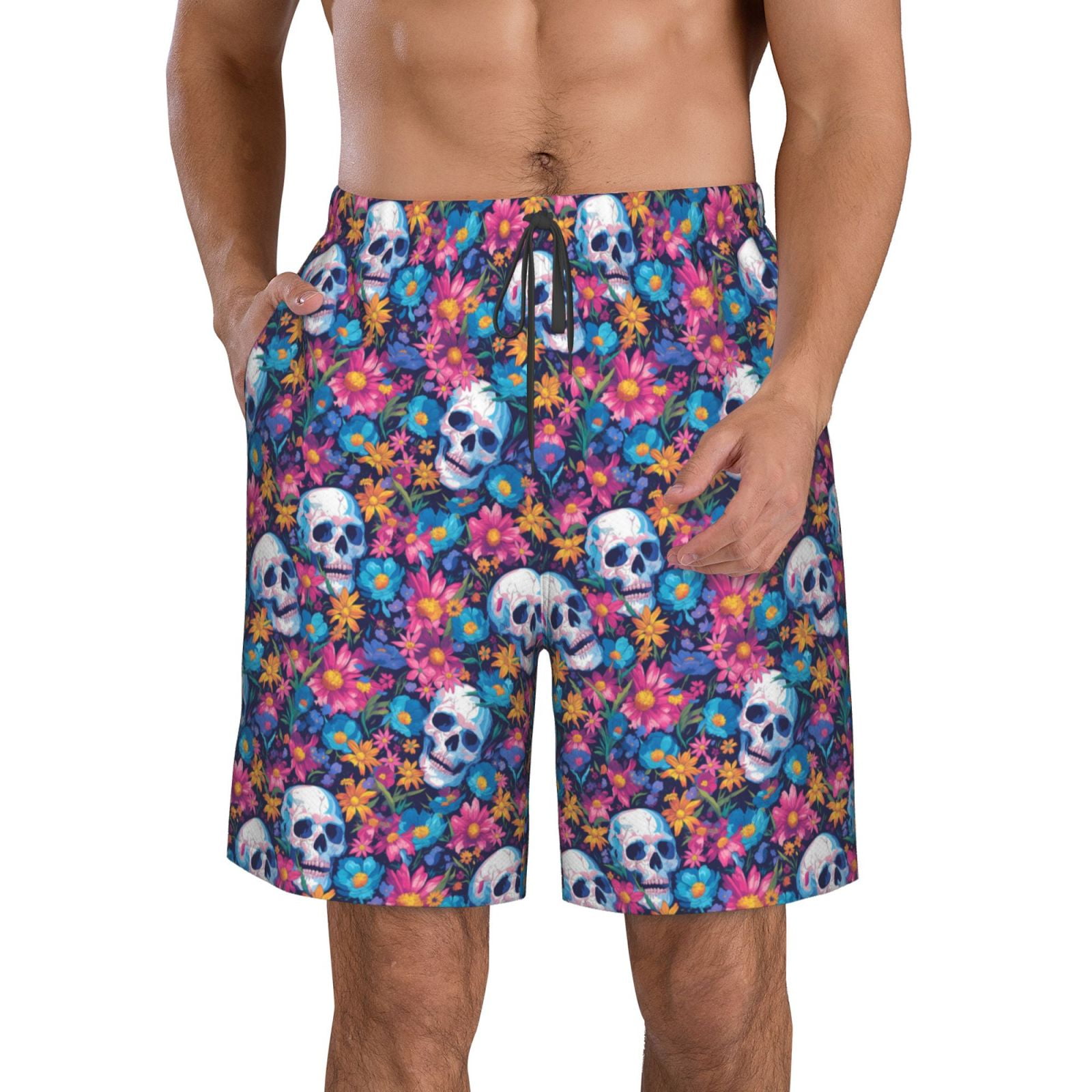 Adobk Skull Daisy Print Men's Swim Trunks Hawaiian Bathing Suit ...