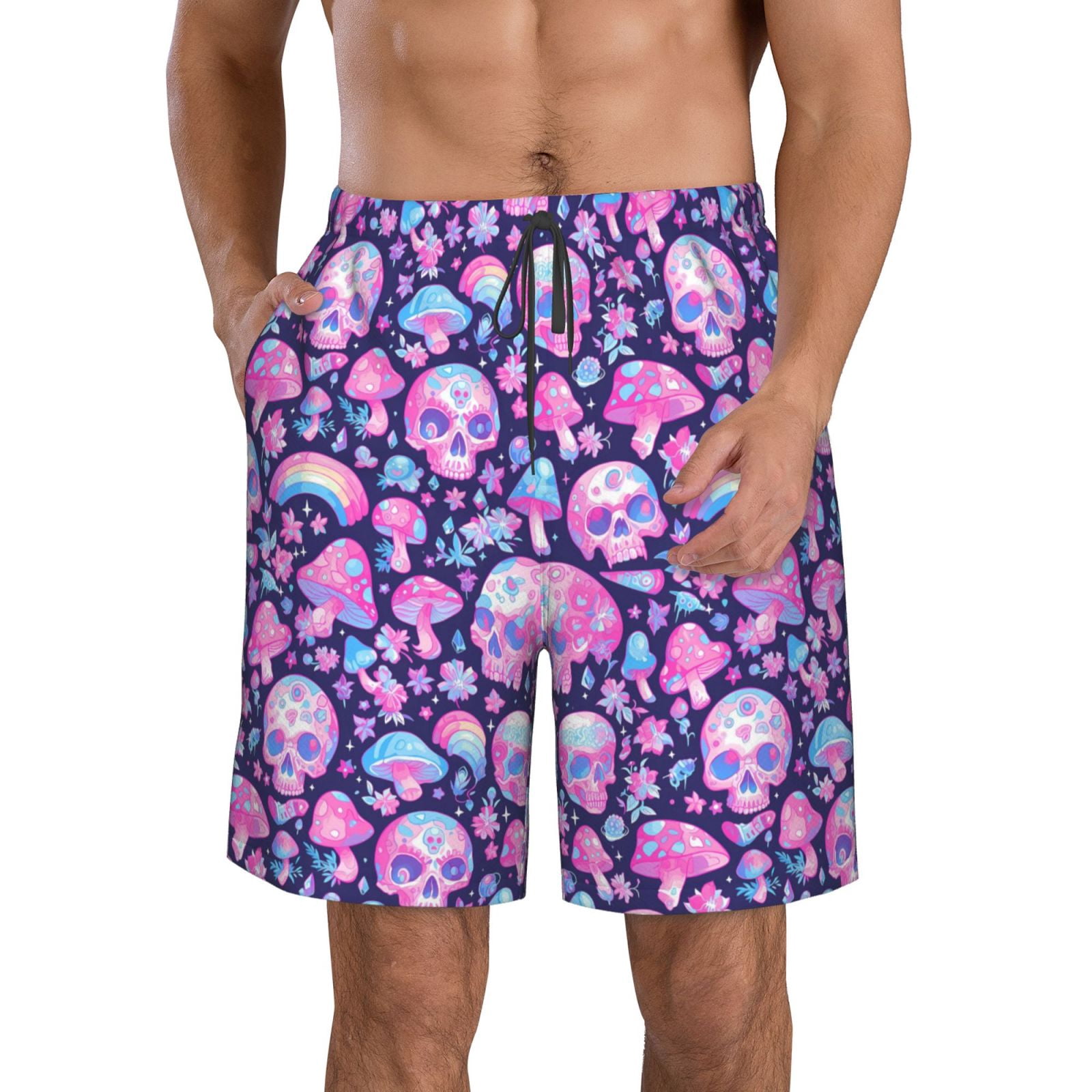 Adobk Skull Rainbow Mushroom Print Men's Swim Trunks Hawaiian Bathing ...