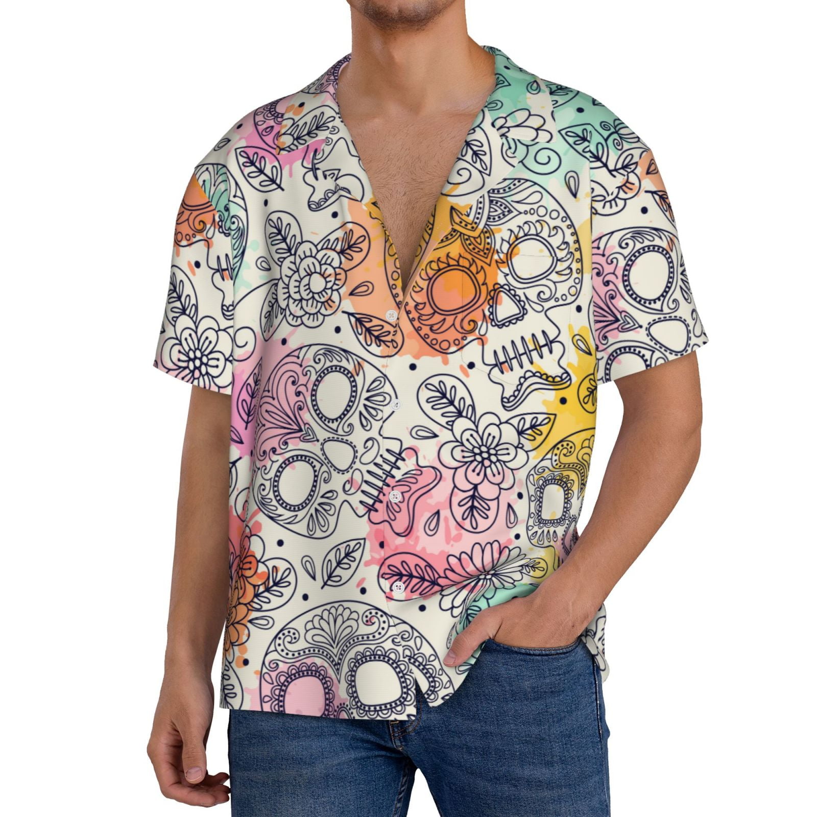 Adobk Skull and Flowers Print Men's Casual Button Down Shirt Summer ...