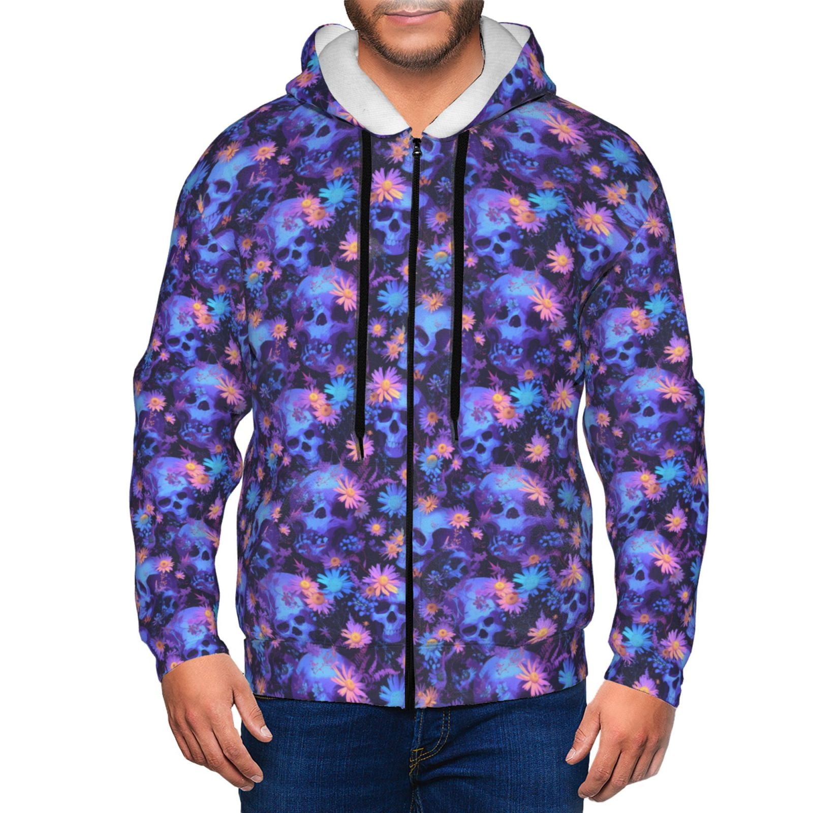 Adobk Skull daisy purple Print Mens Full-zip Hoodie, Zip-up Hooded Sweatshirt,Pullover & Full ...