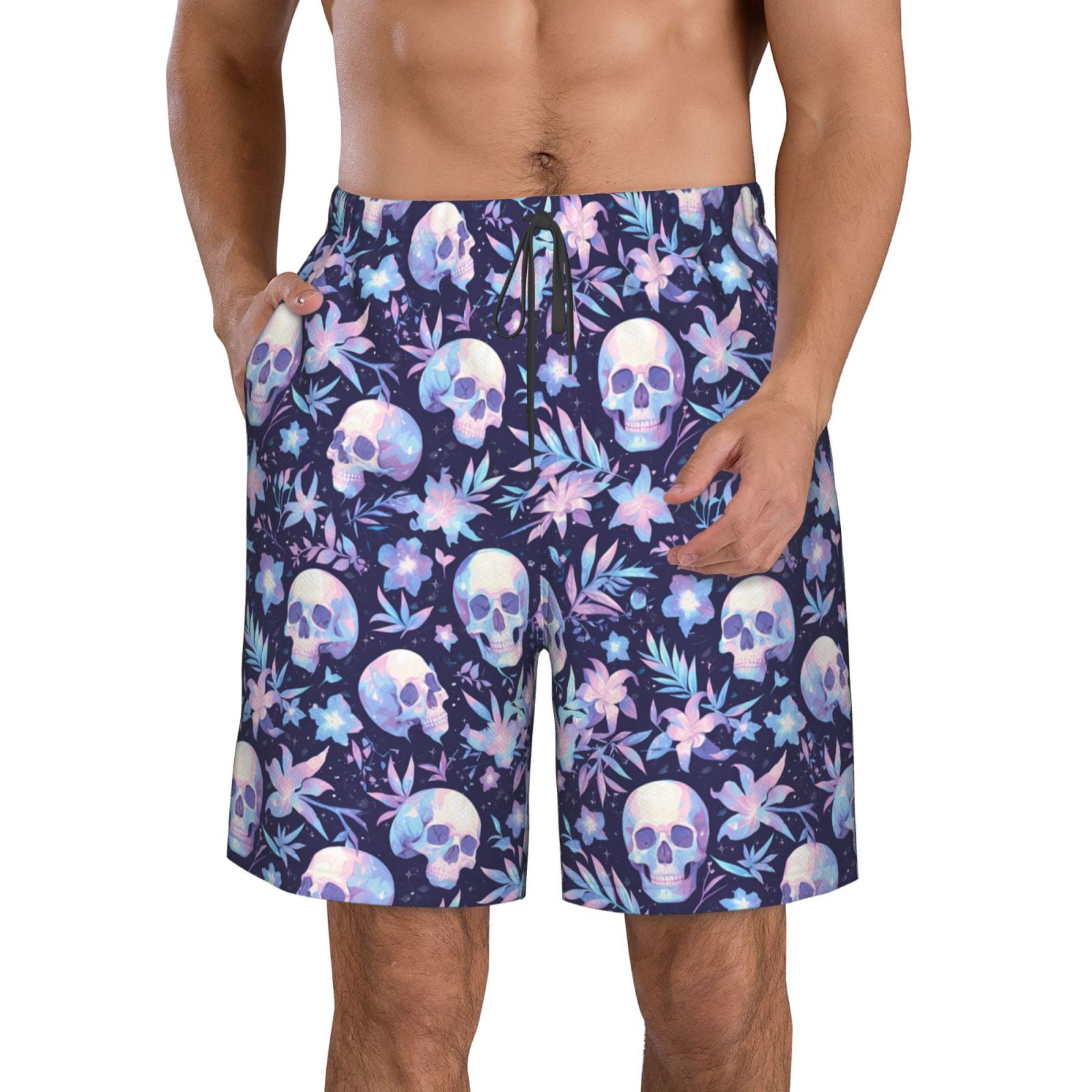 Adobk Skull flower white blue Print Men's Swim Trunks Hawaiian Bathing ...