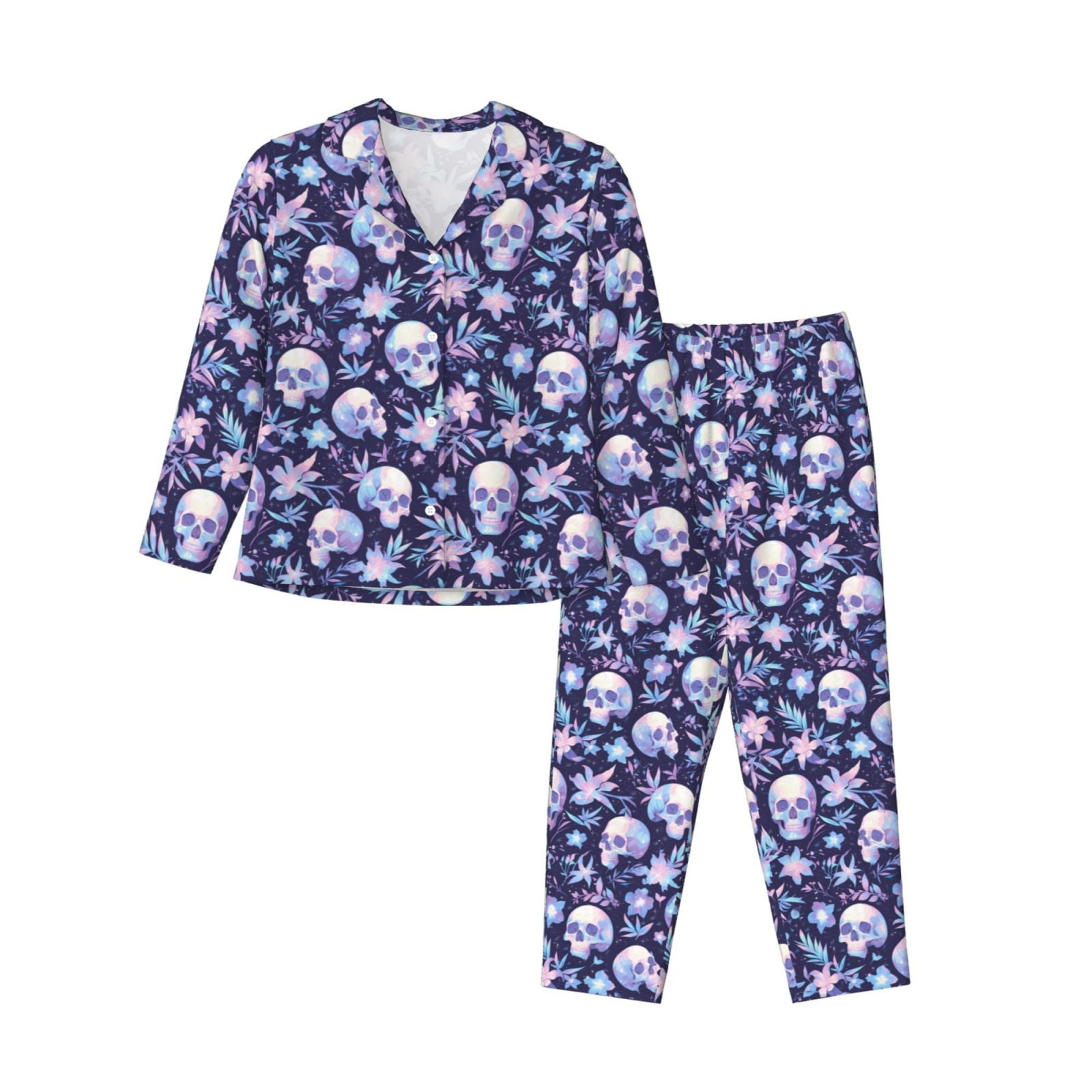 Adobk Skull flower white blue Print Pajamas Set Long Sleeve Sleepwear ...