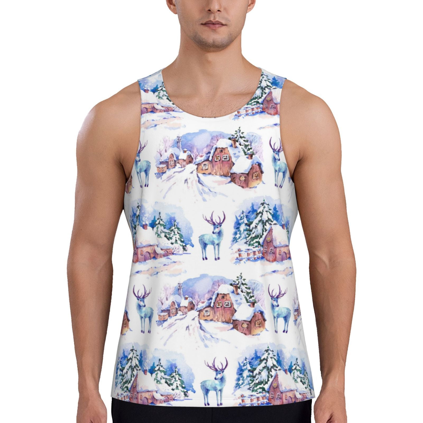 Adobk Snowy Cottage Holiday Scene Print Men's Workout Tank Tops ...