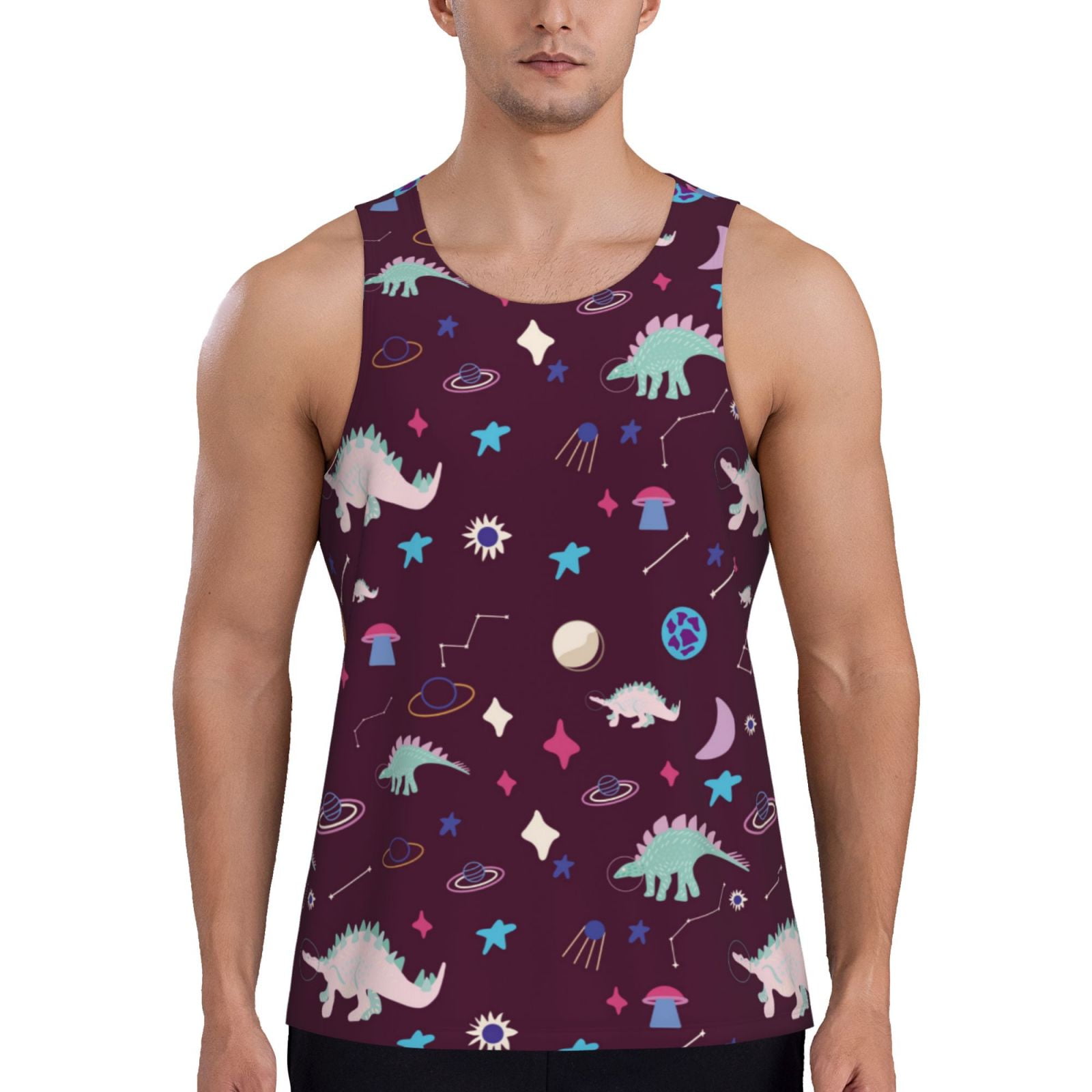 Adobk Space Dinosaur Print Men's Workout Tank Tops Sleeveless Mesh ...
