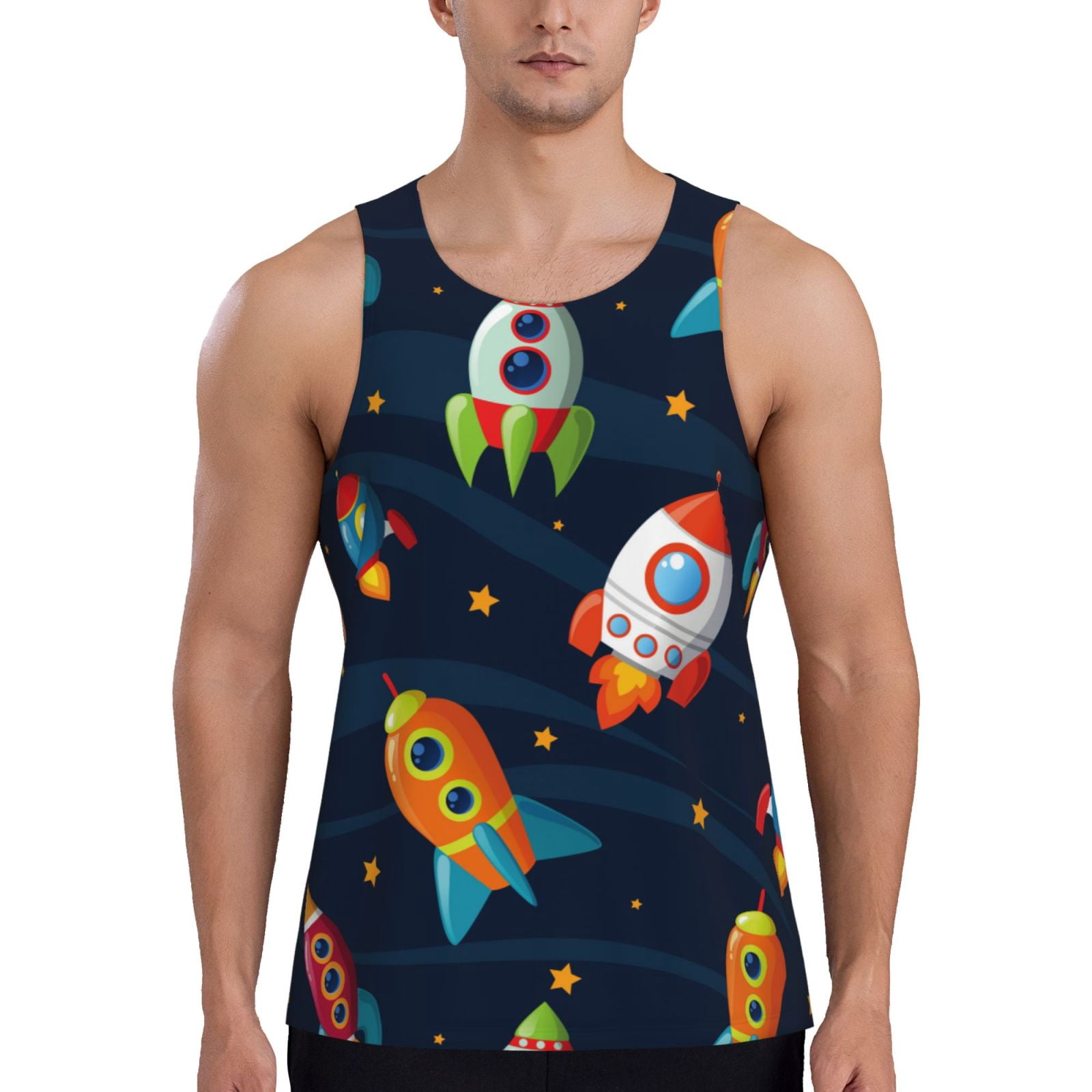 Adobk Spaceships and Stars Print Men's Workout Tank Tops Sleeveless ...